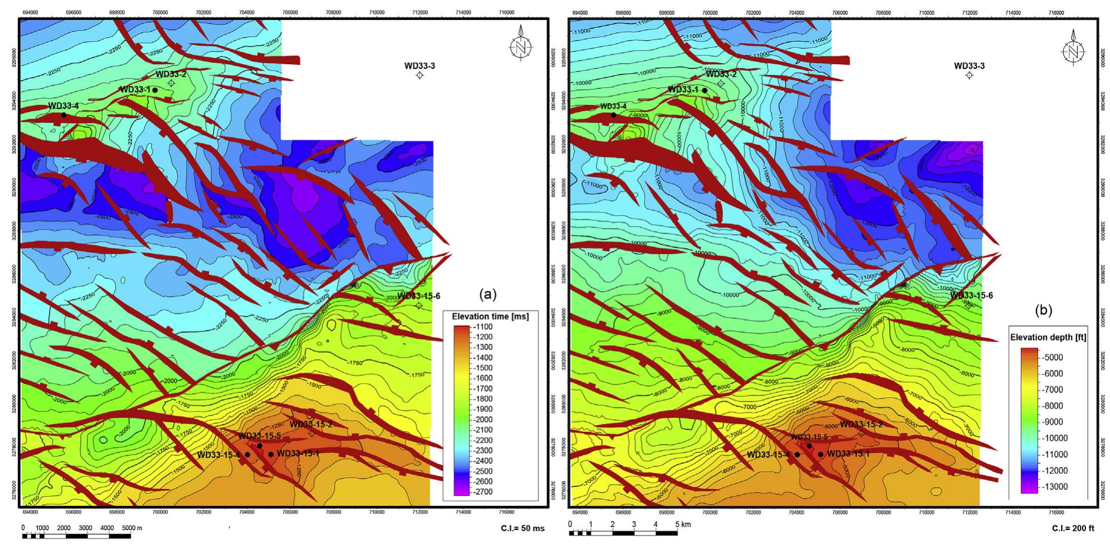 Two-way time structure map (a) and depth structure map (b)