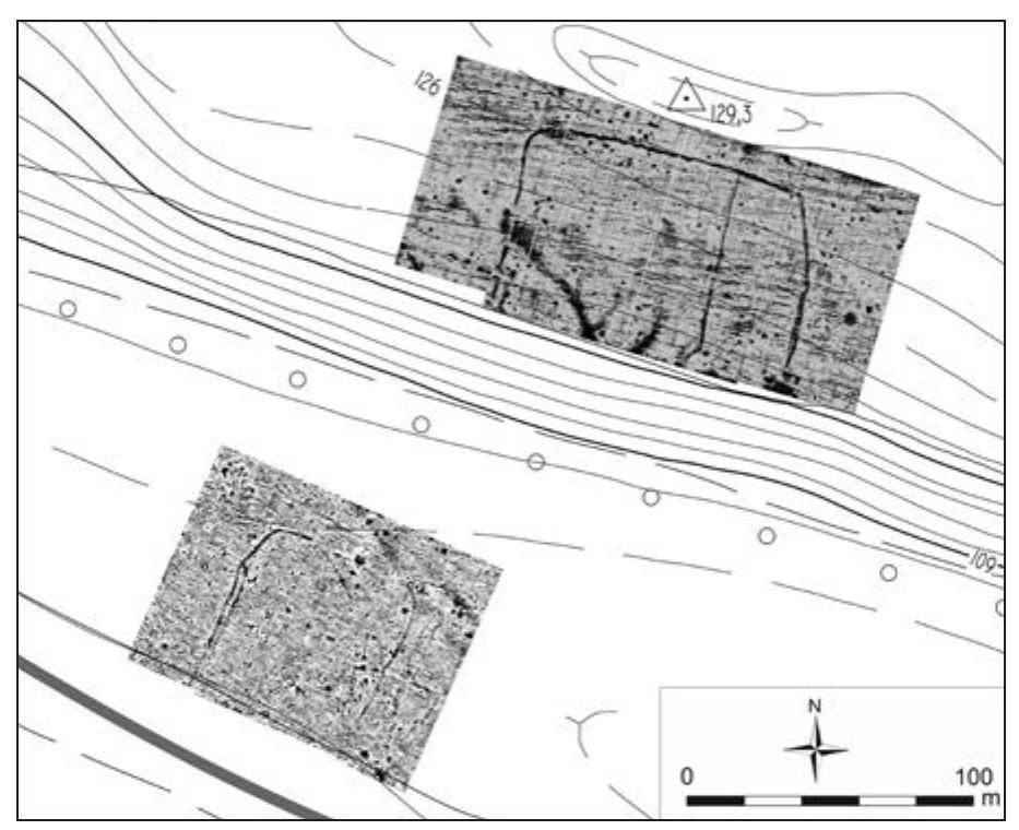 Geophysical anomaly map showing the traces of ditched