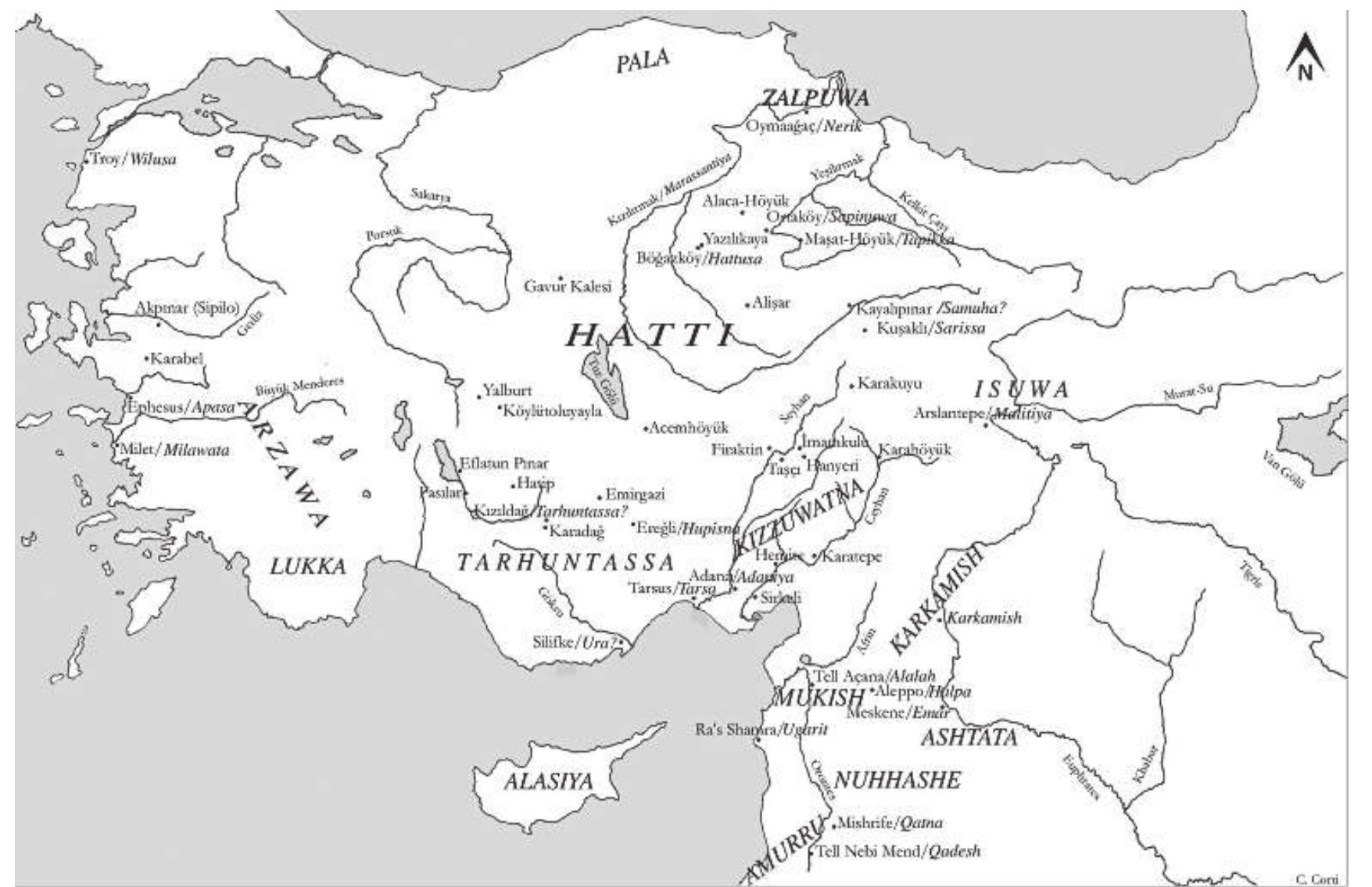 Map of the hittite kingdom with the main settlements and
