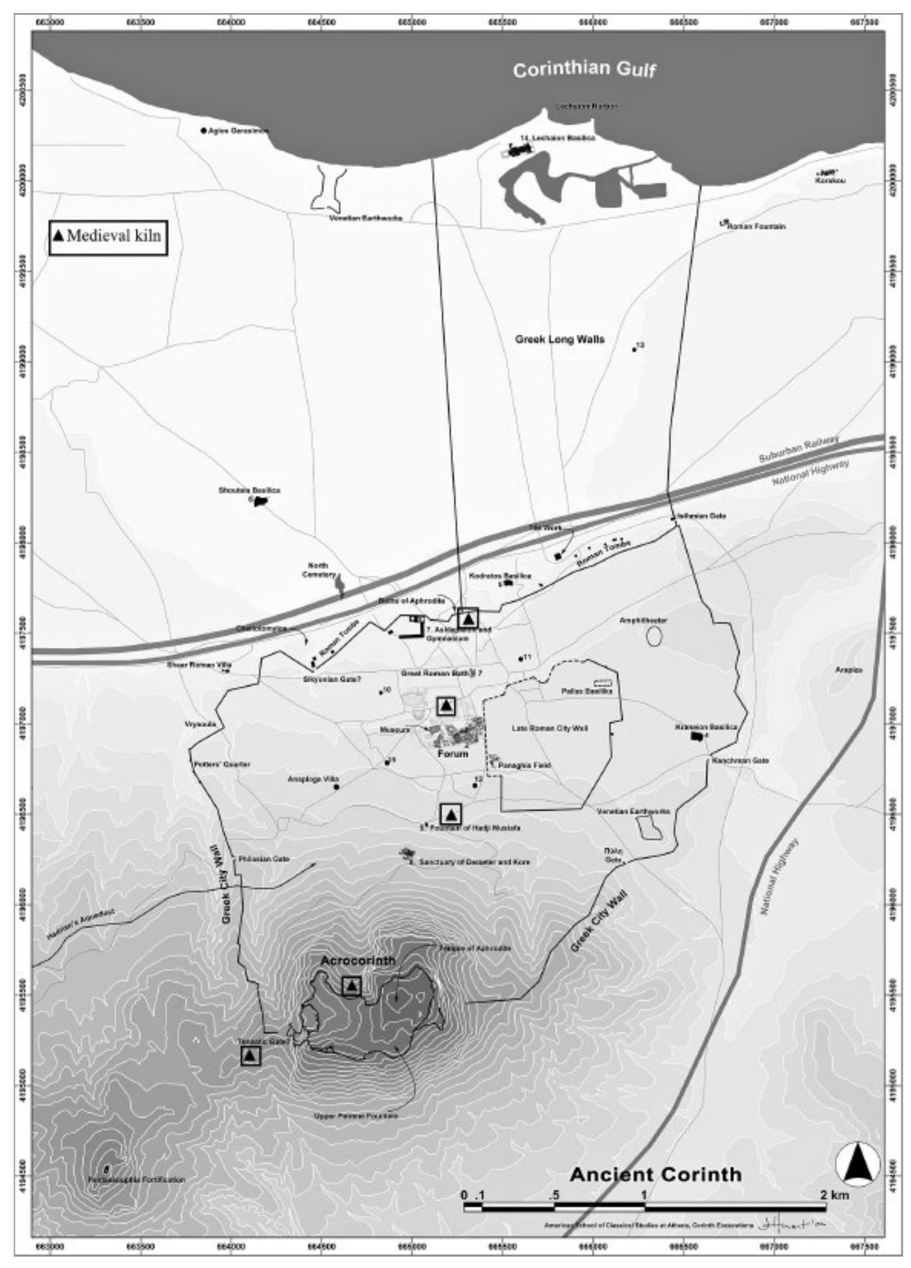 Plan of corinth showing the location of medieval kiln sites