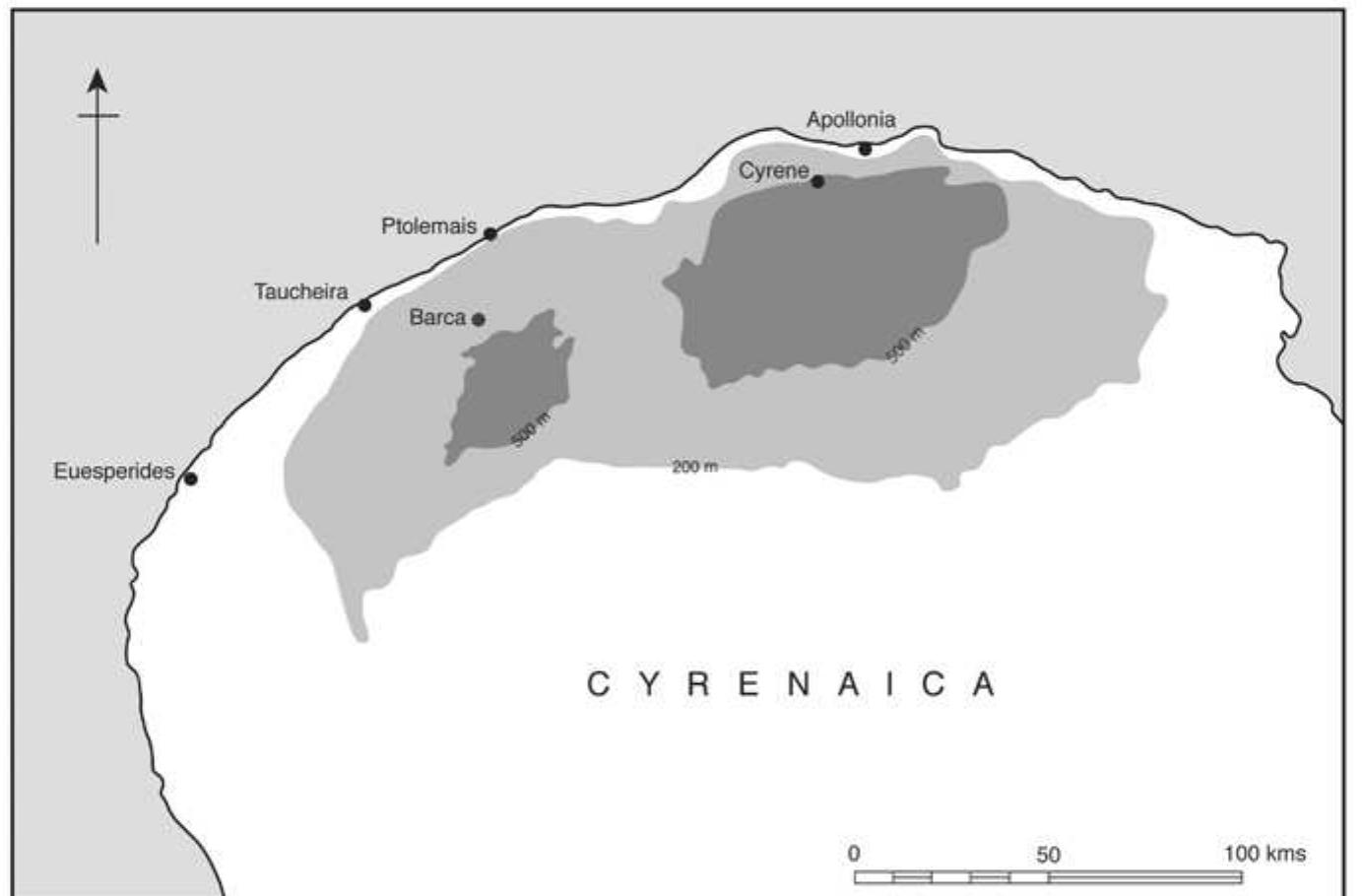 Map of cyrenaica showing the locations of greek settlements