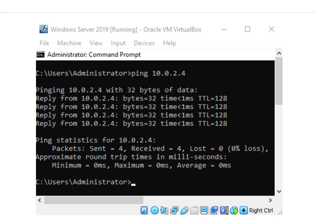 Pinging the windows 10 guest from the windows server 2019