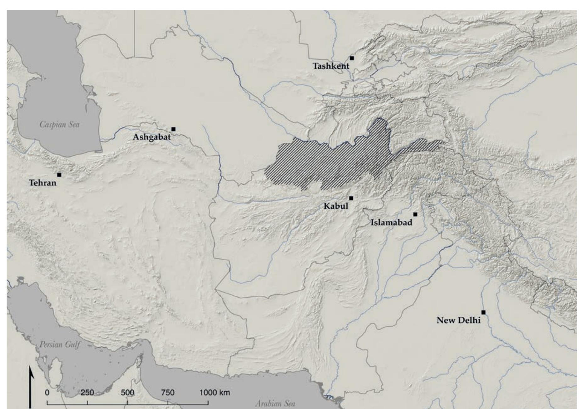 Map showing bactria (hatched area) and neighboring modern