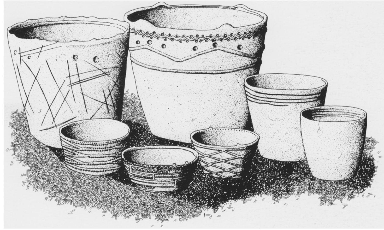 Reconstruction drawing of grooved ware pots (cowie and