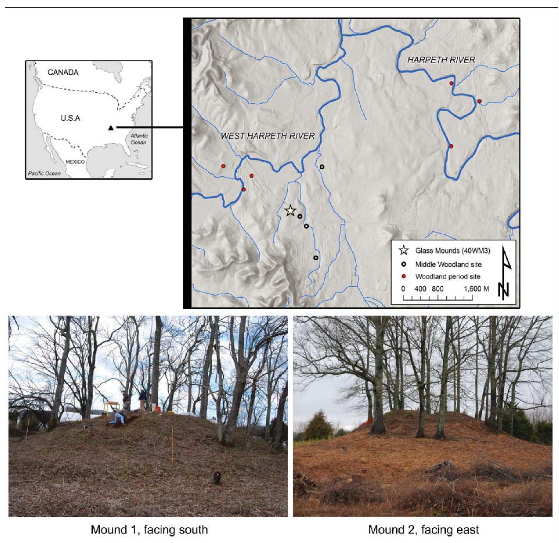 Map of the glass mounds site location and views of mounds 1