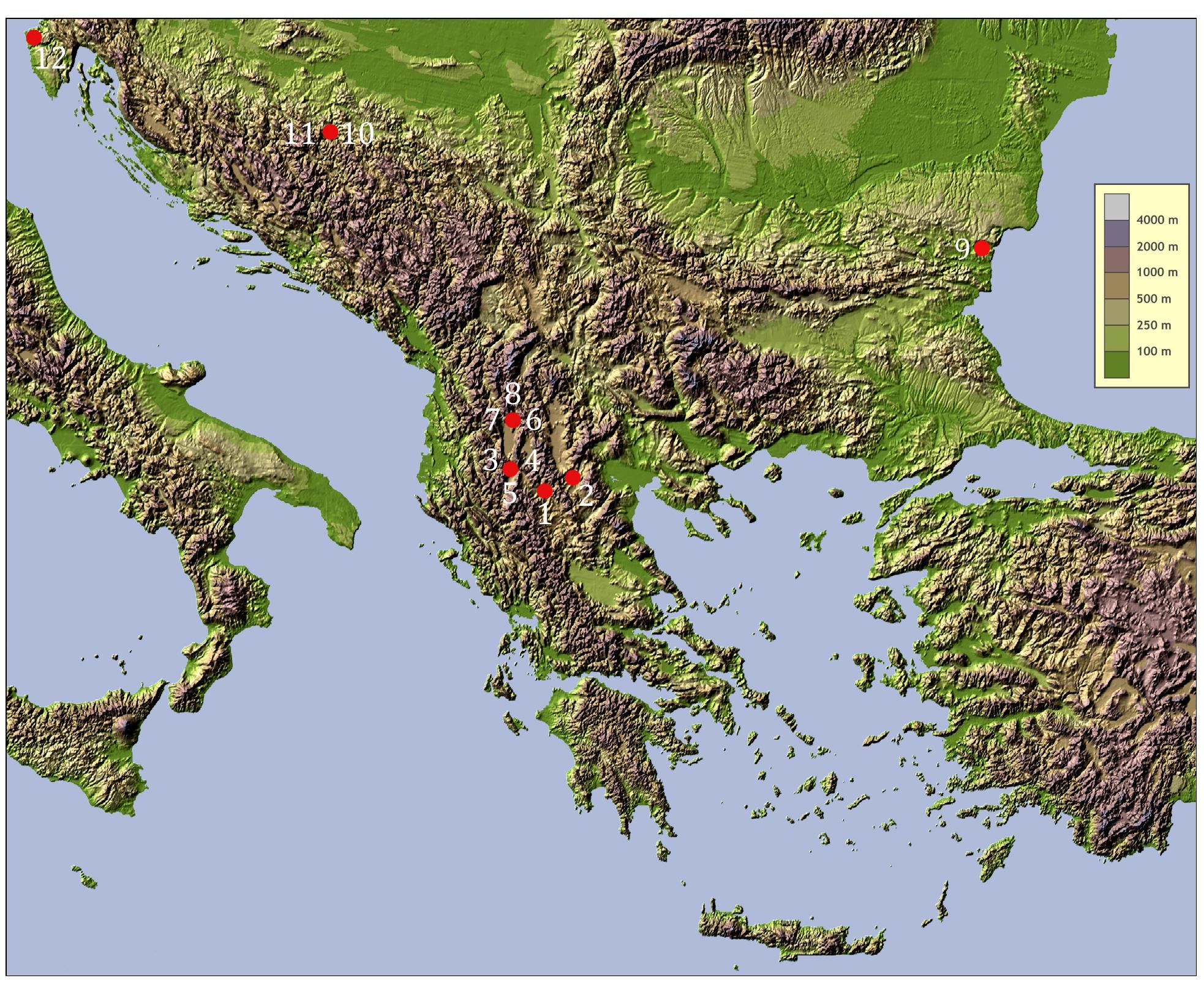 Map of the balkan peninsula with the location of neolithic