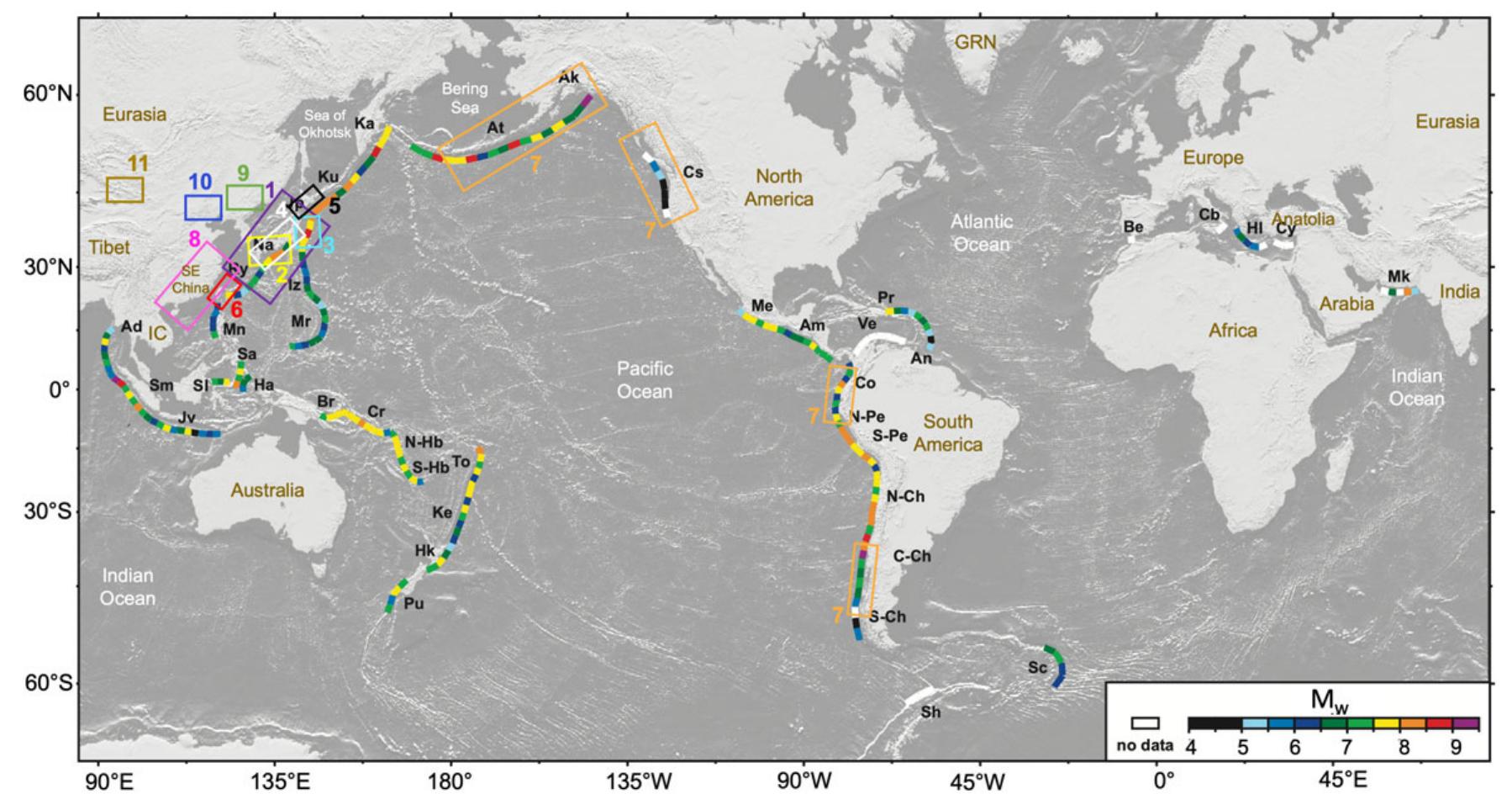 Global geodynamic map showing the mid-ocean ridges,