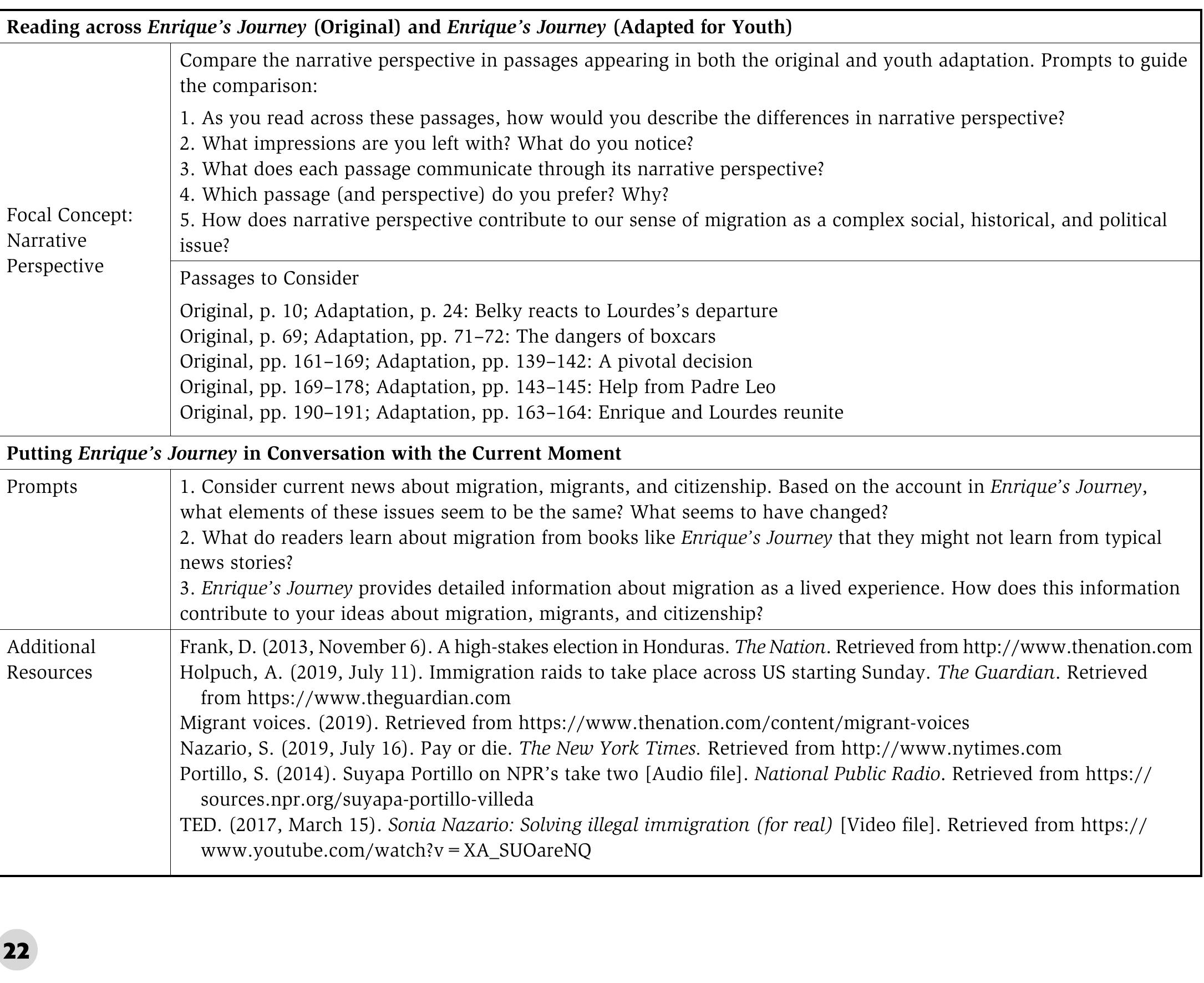 Teaching across versions of enrique’s journey