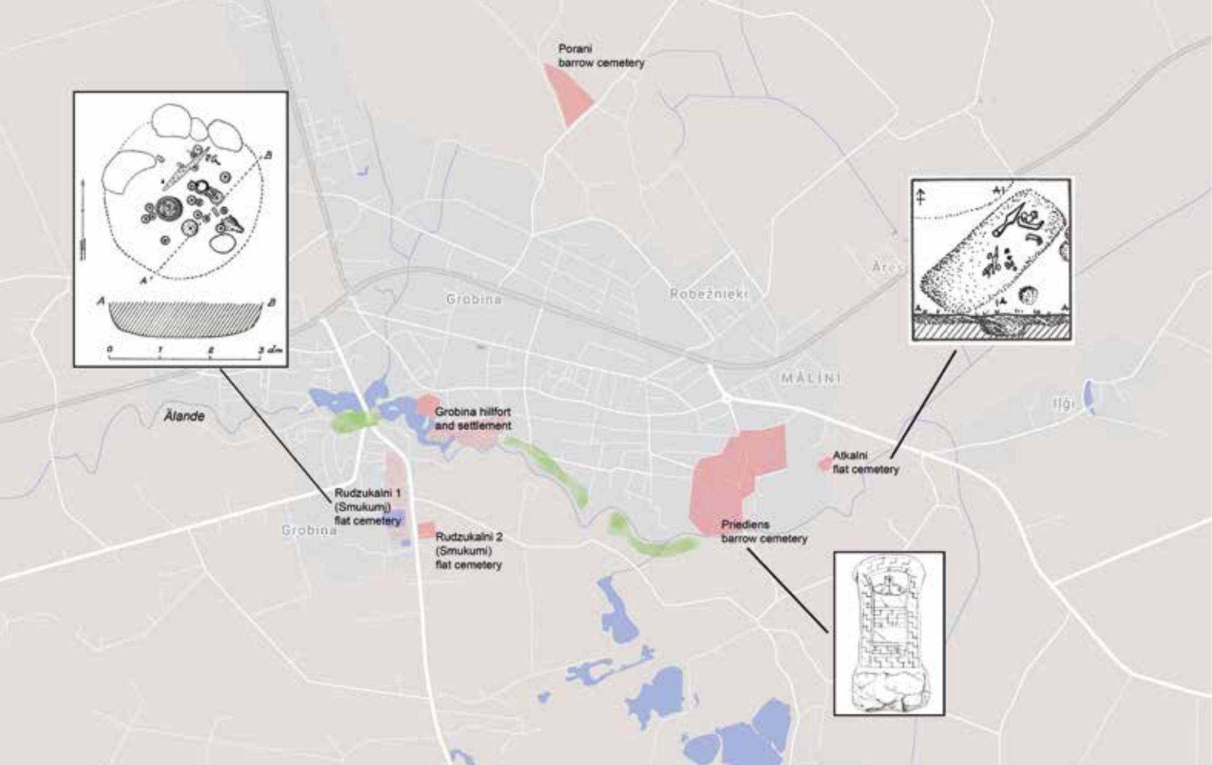 5. map of grobina’ archaeological contexts, with plans of a