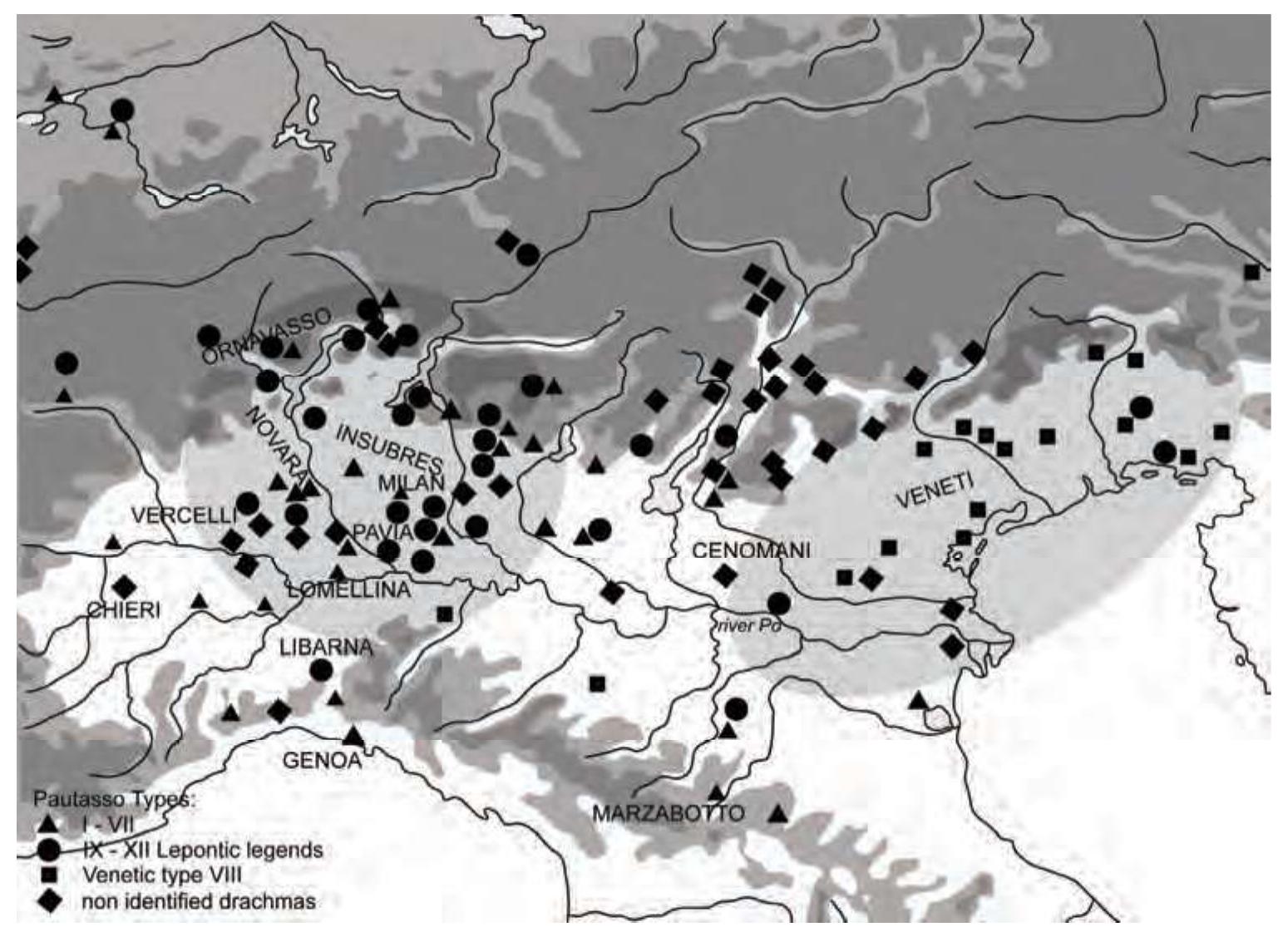 Distribution map of the padane drachma rare import of