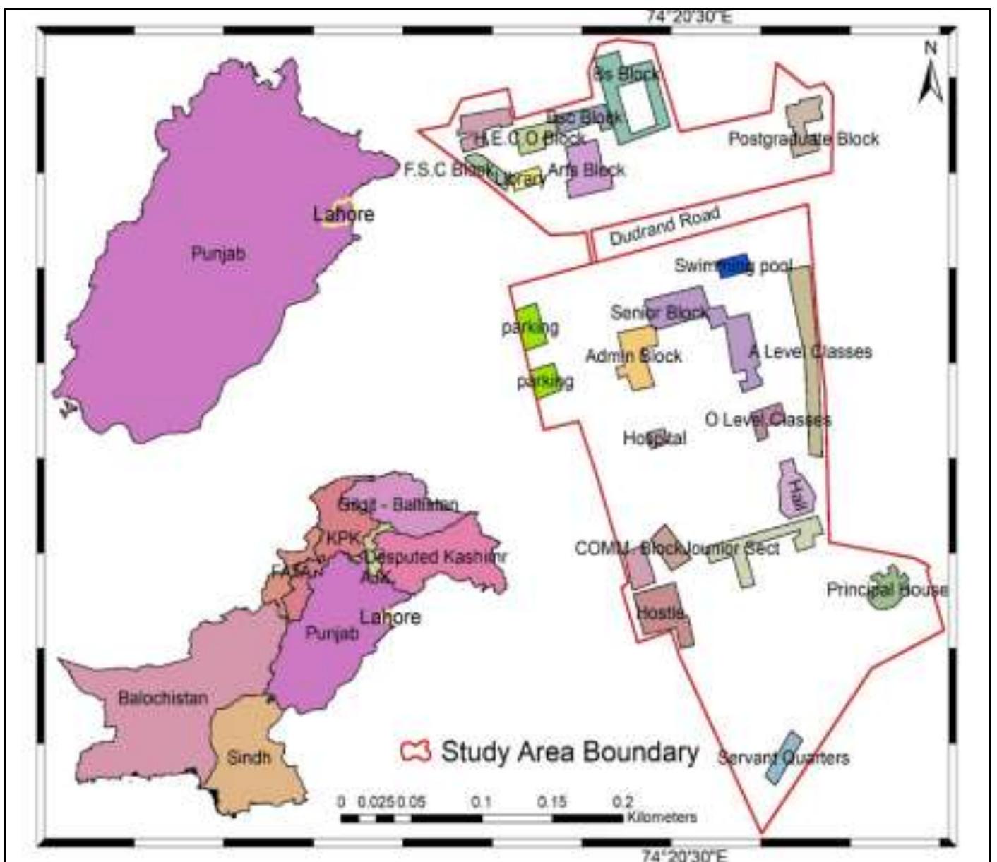 Map showing study area queen mary college, lahore it is