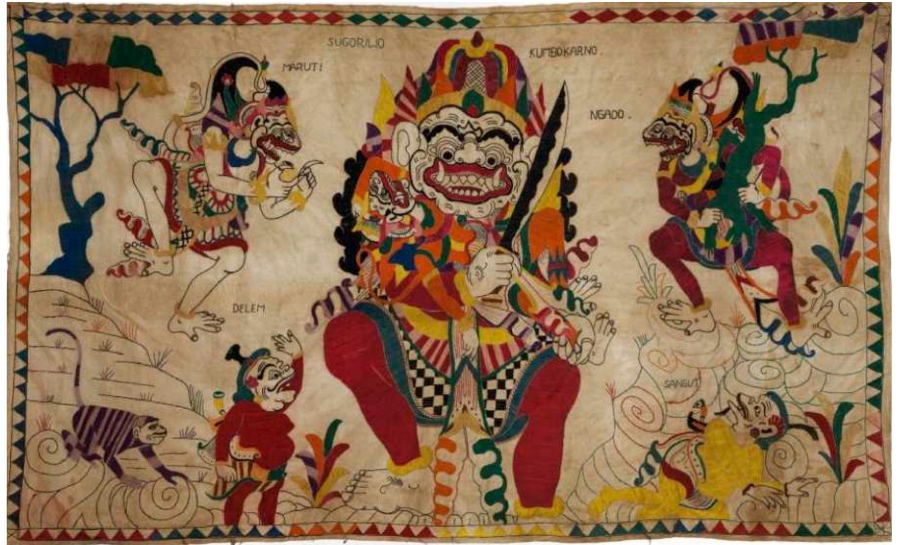 Hanging depicting kumbakarna fighting hanumana, sugriva and