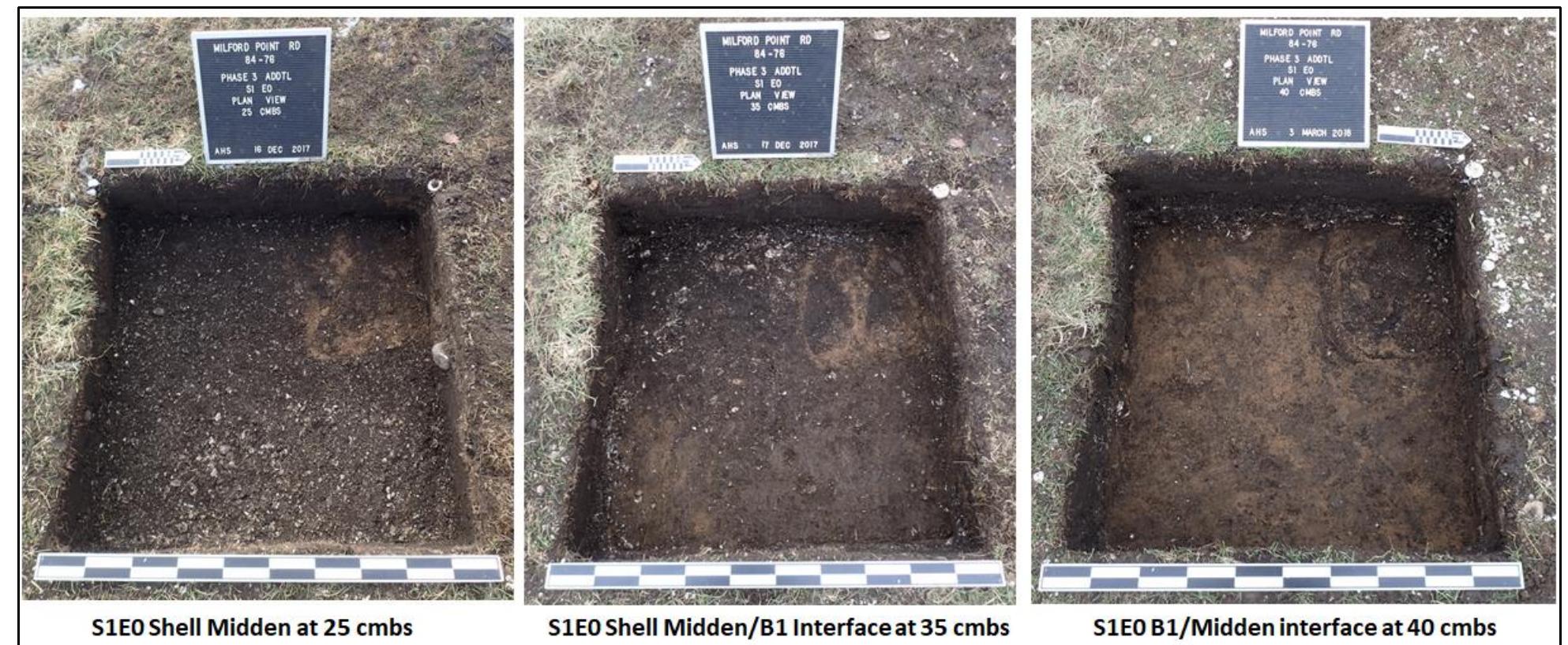 Plan views of s1e0 showing the shell midden and interface