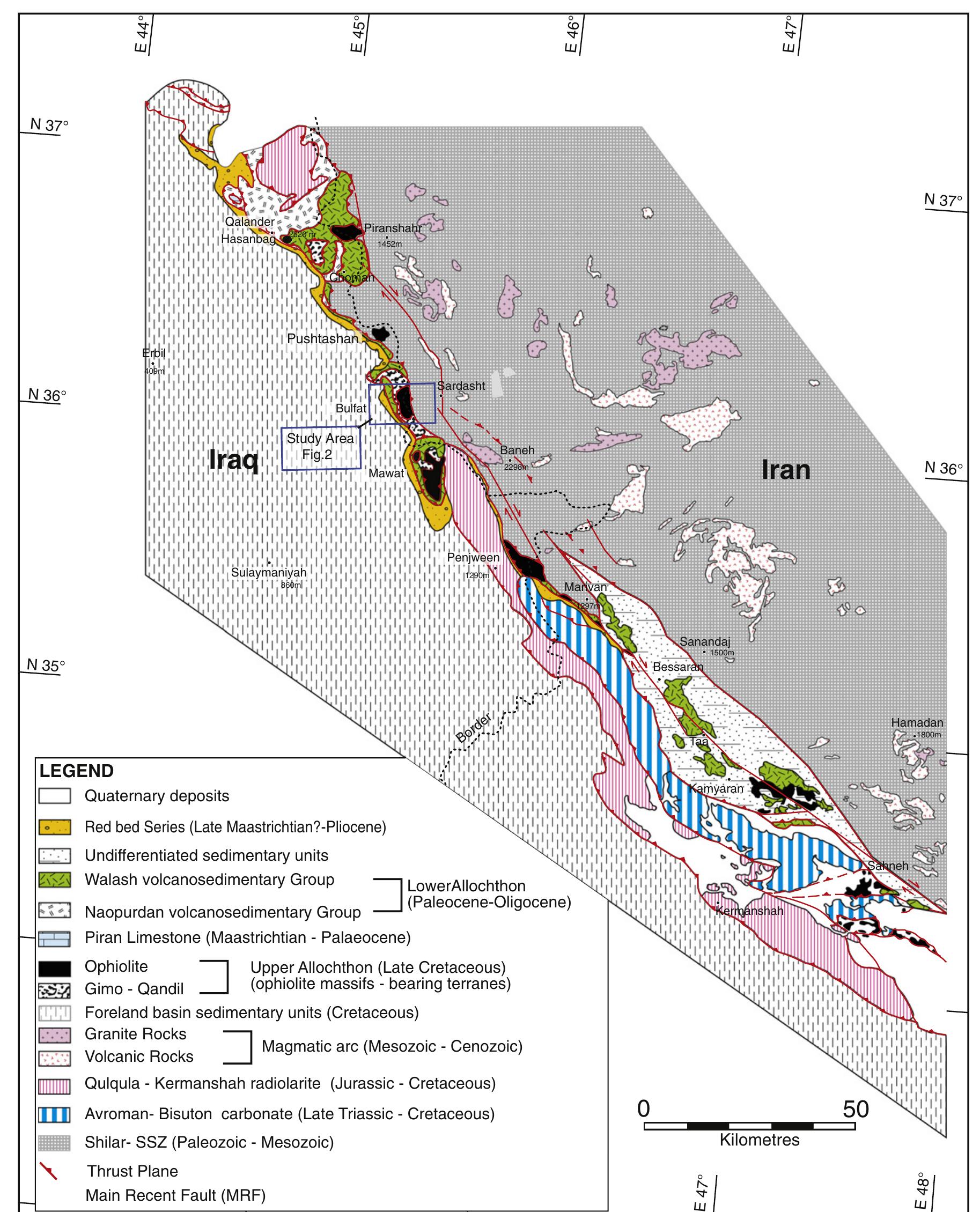 Geological map of the zagros suture zone along the iraq-iran