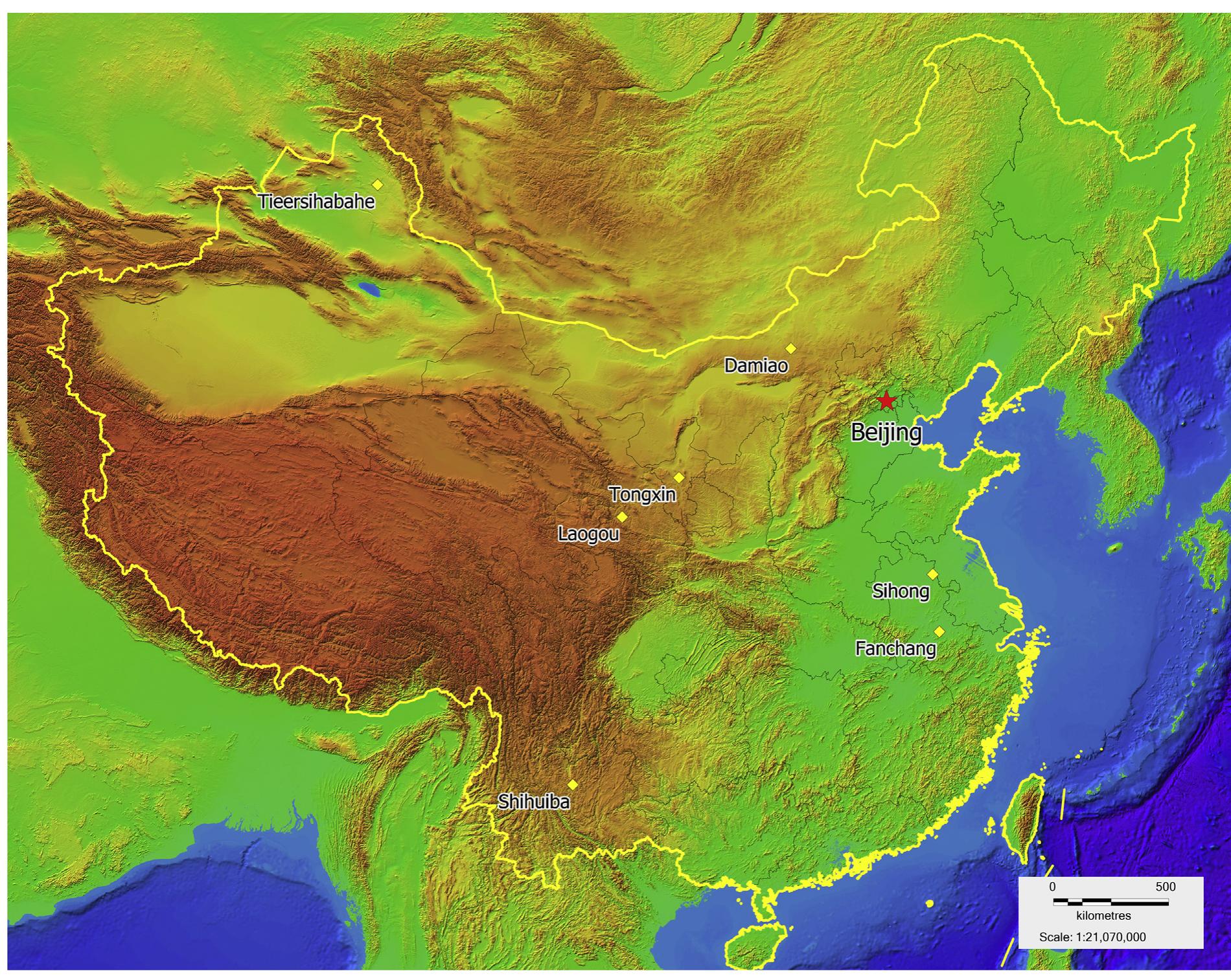 Map showing the location of paleontological sites in china