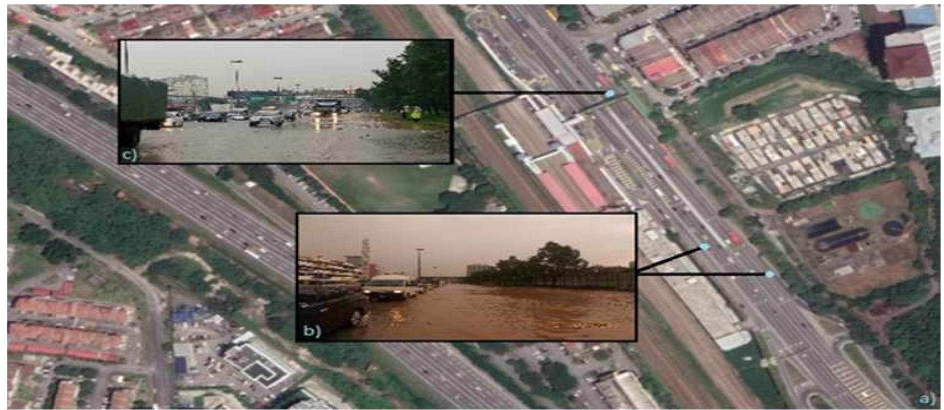 Topographic area map (i.e. a, b, and c) photographs of flood