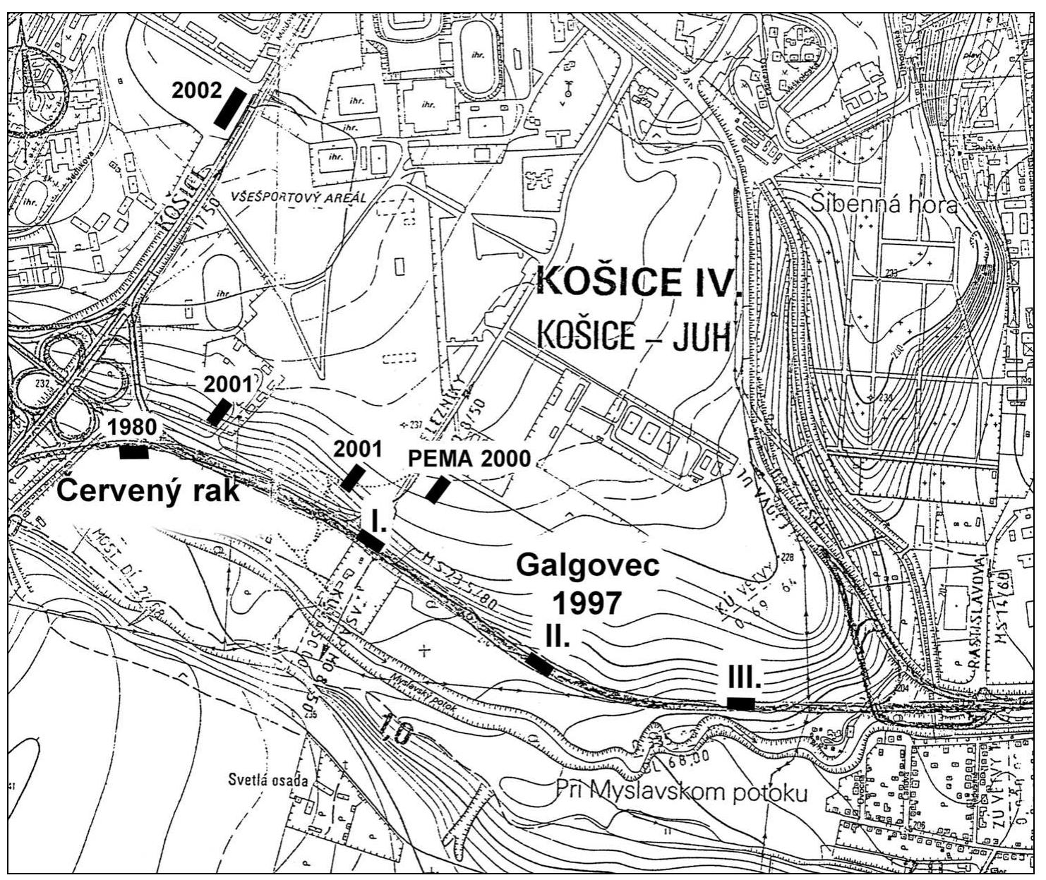 Map of the southern part of kosice with the years of