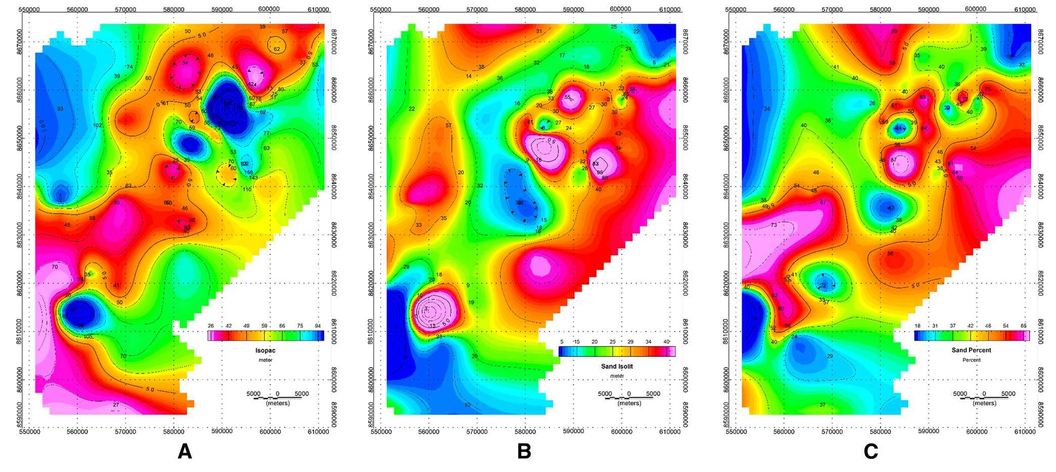 The isopach map, isolith map and sand percentage map for the