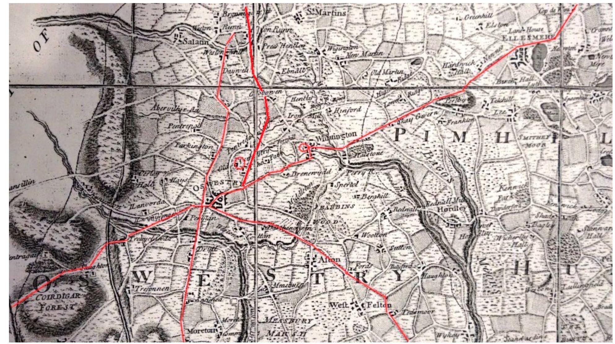 Roque’s map of 1752 with ancient routes (in red), historic
