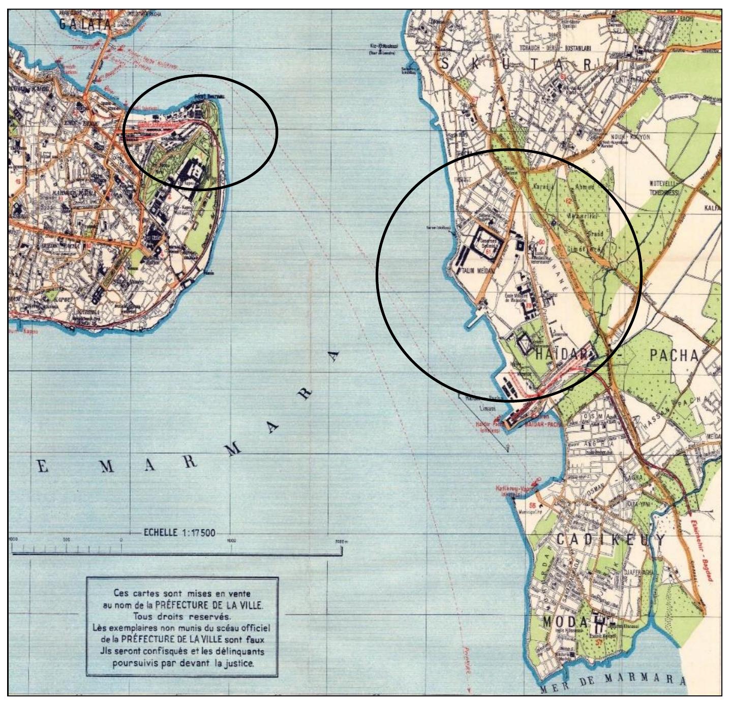Detail from a map of istanbul, showing the sirkeci station