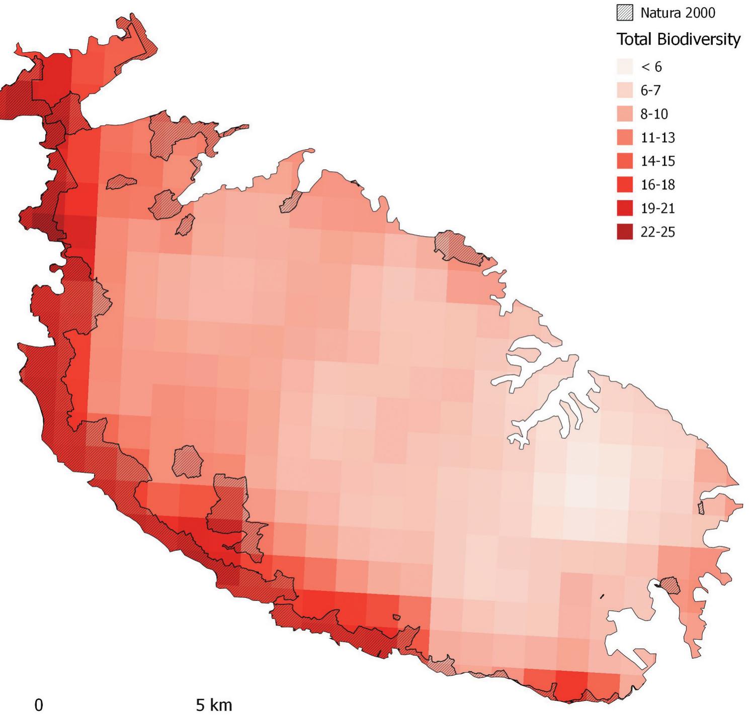 Map of the total biodiversity (tb values) of malta obtained