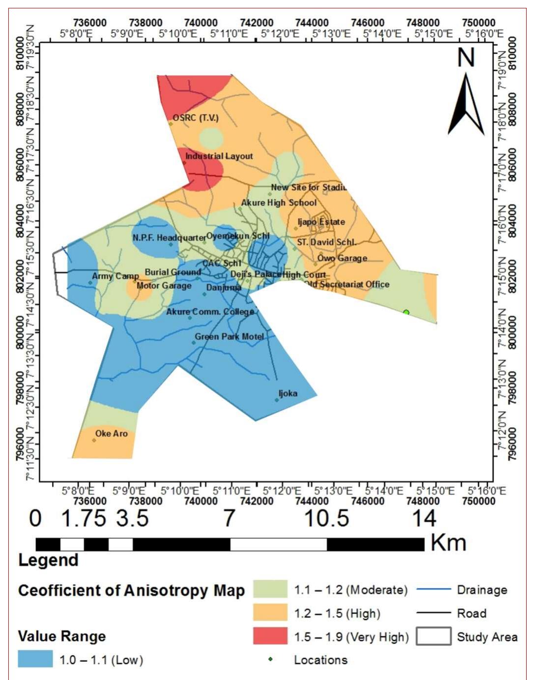 Coefficient of anisotropy map of the study area