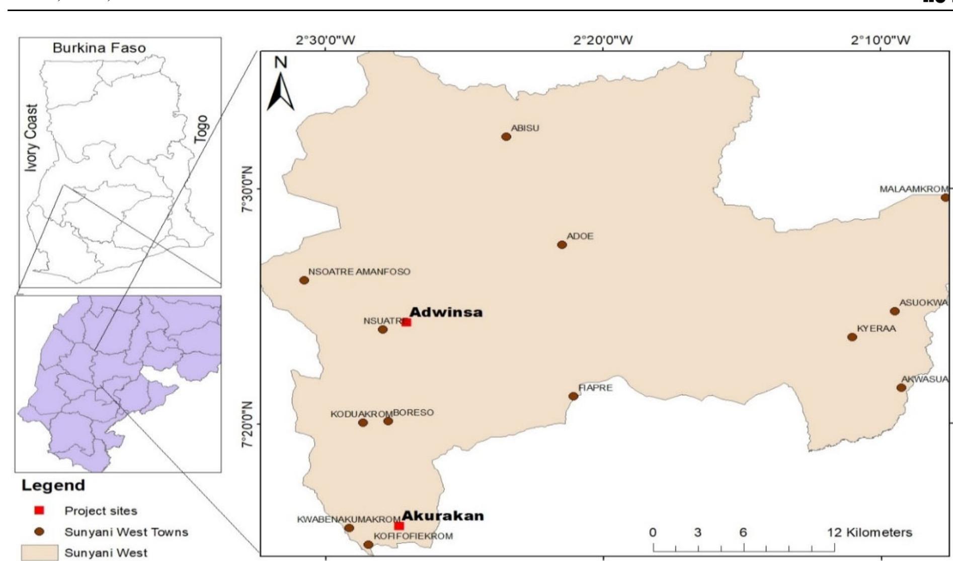 A map of sunyani west district showing adwinsa and nkurakan.