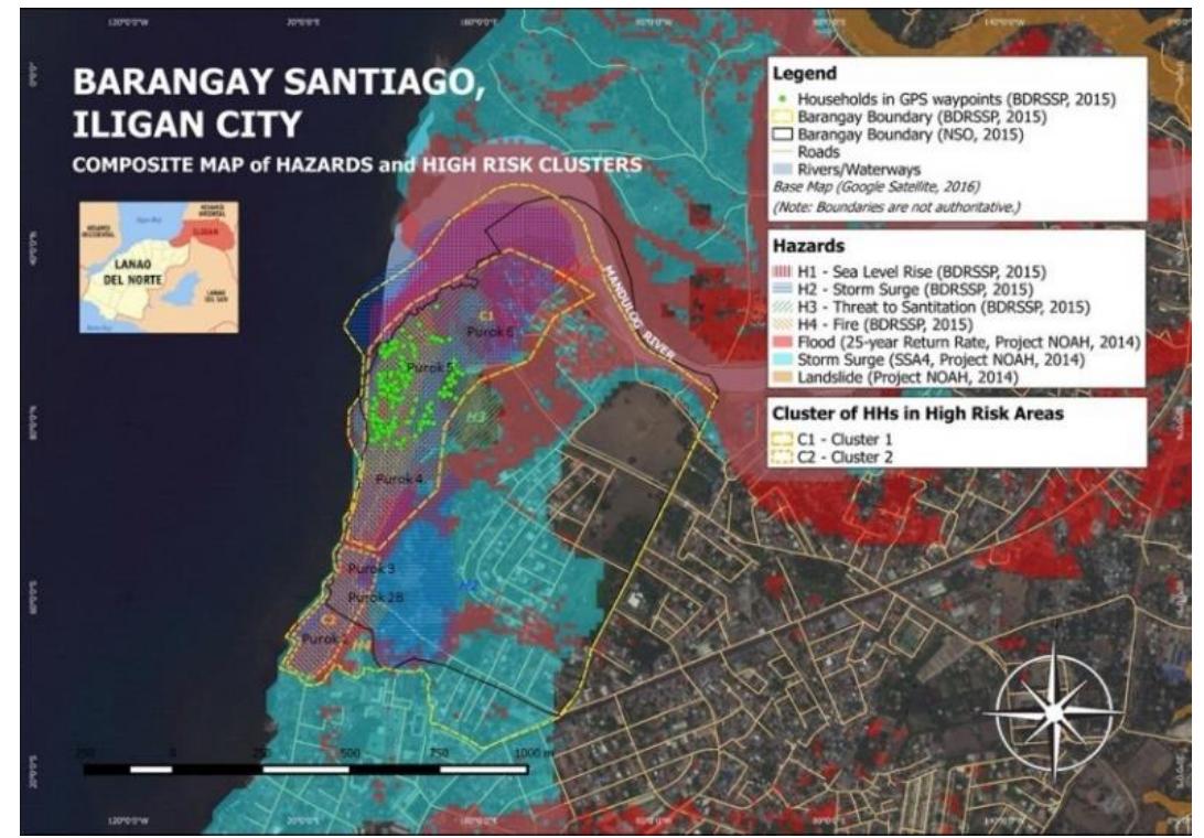 Composite map of hazards and high-risk clusters of barangay