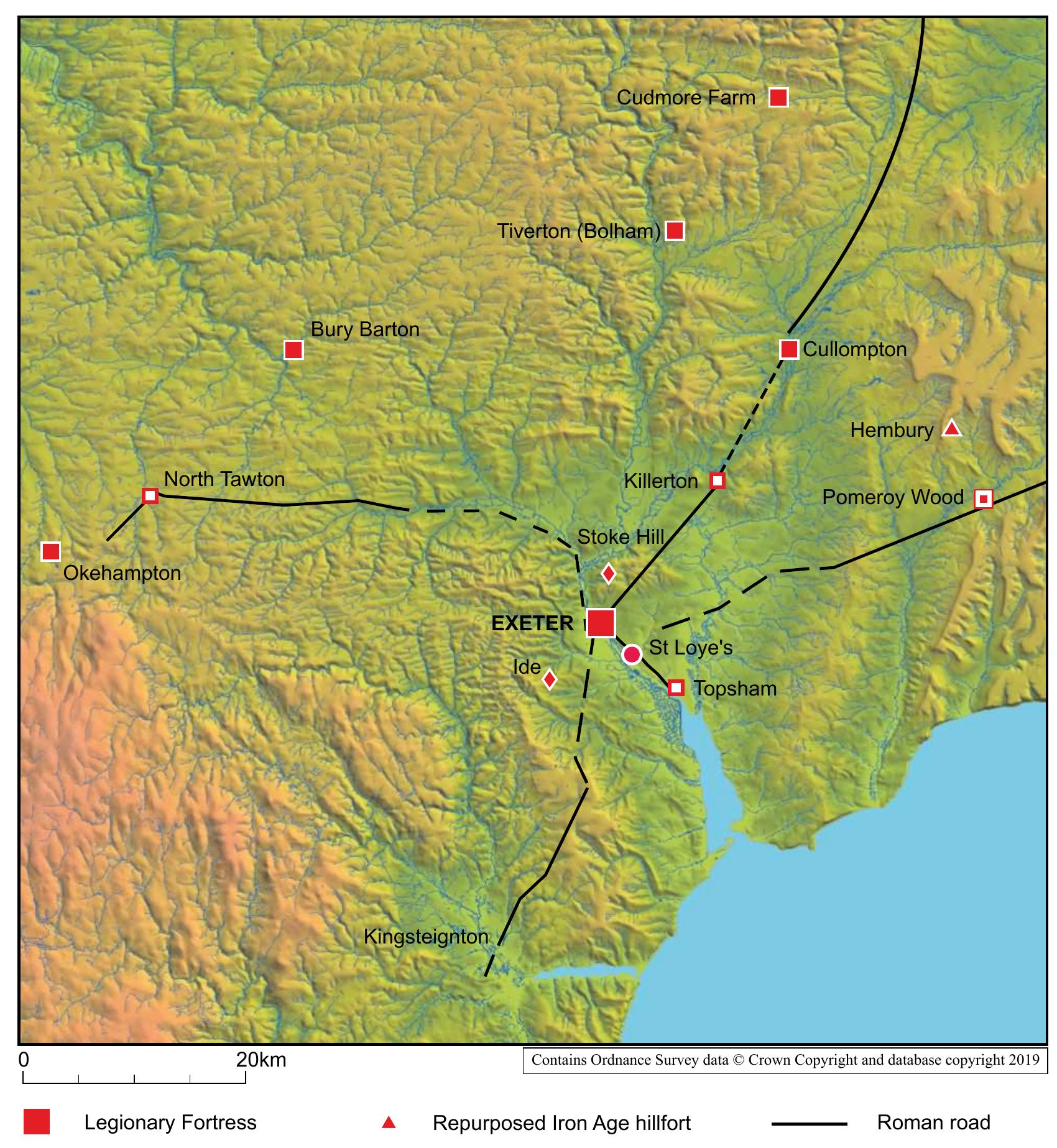 Known roman military establishments and road lines within a