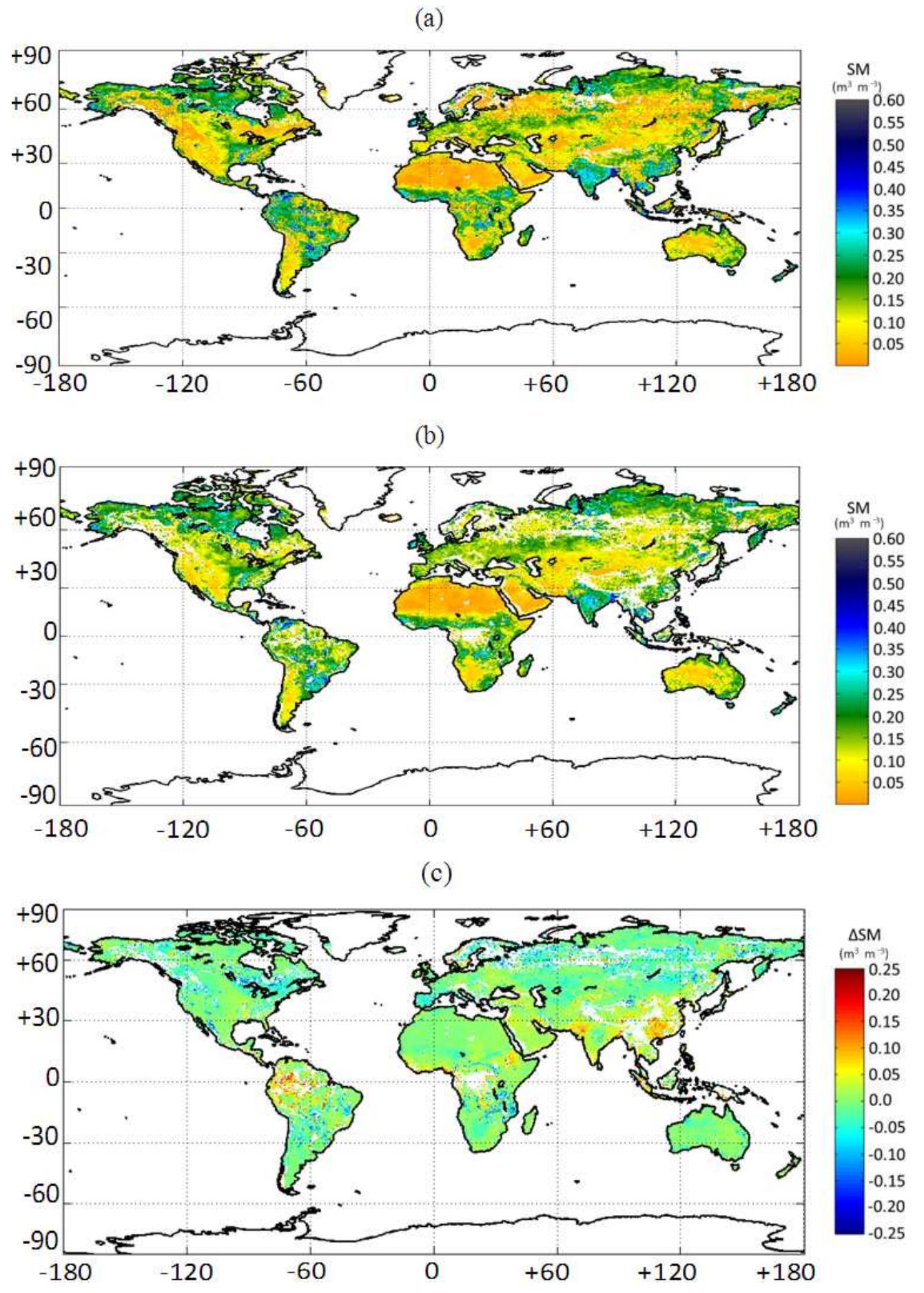 Mean soil moisture map over 2011-2015 for ascending orbits