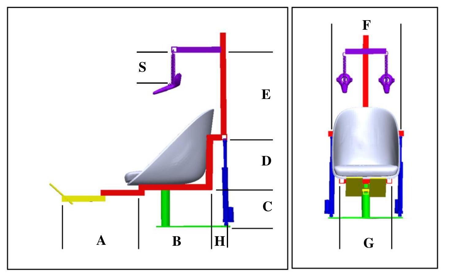 5: motion seat structure with dimensions labeled a and e