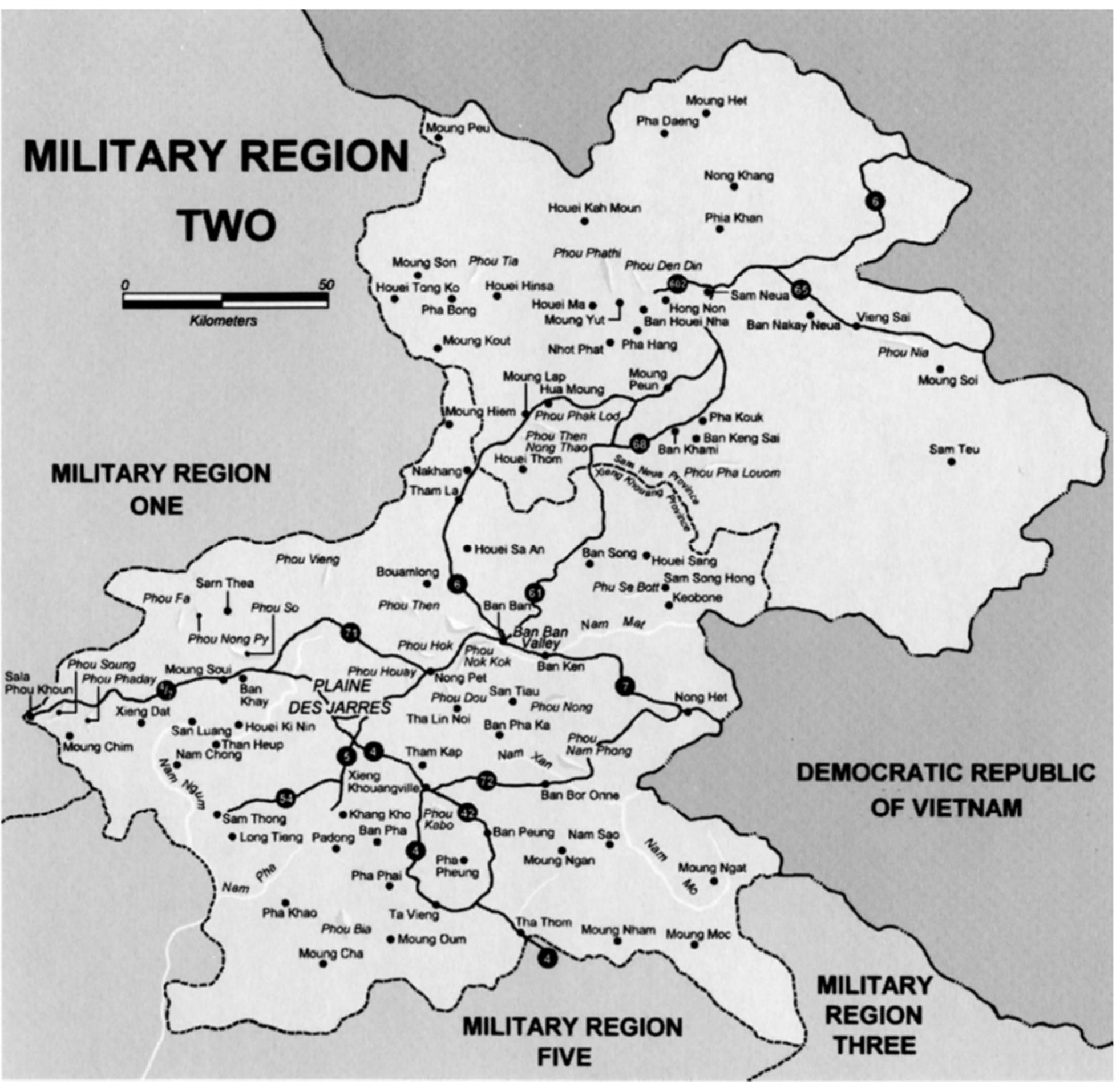 Map of military region 2 in laos pre-1975. reprinted with