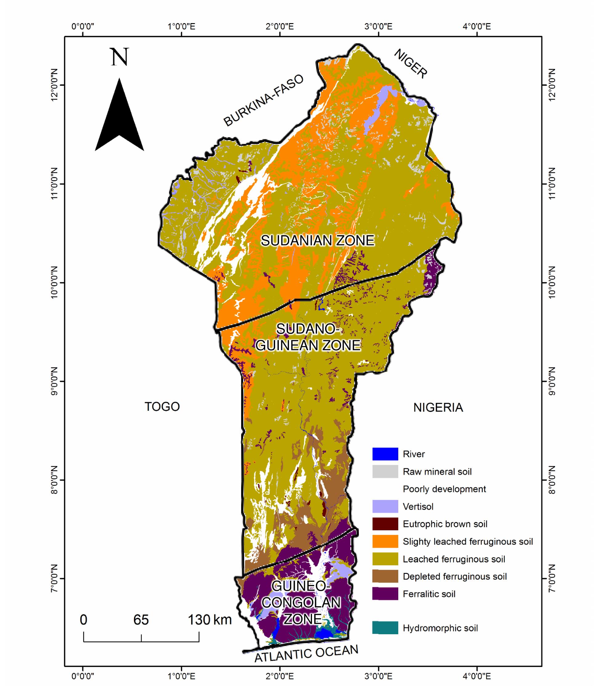 Geographic pattern of benin’s biogeographic zones (sudanian,