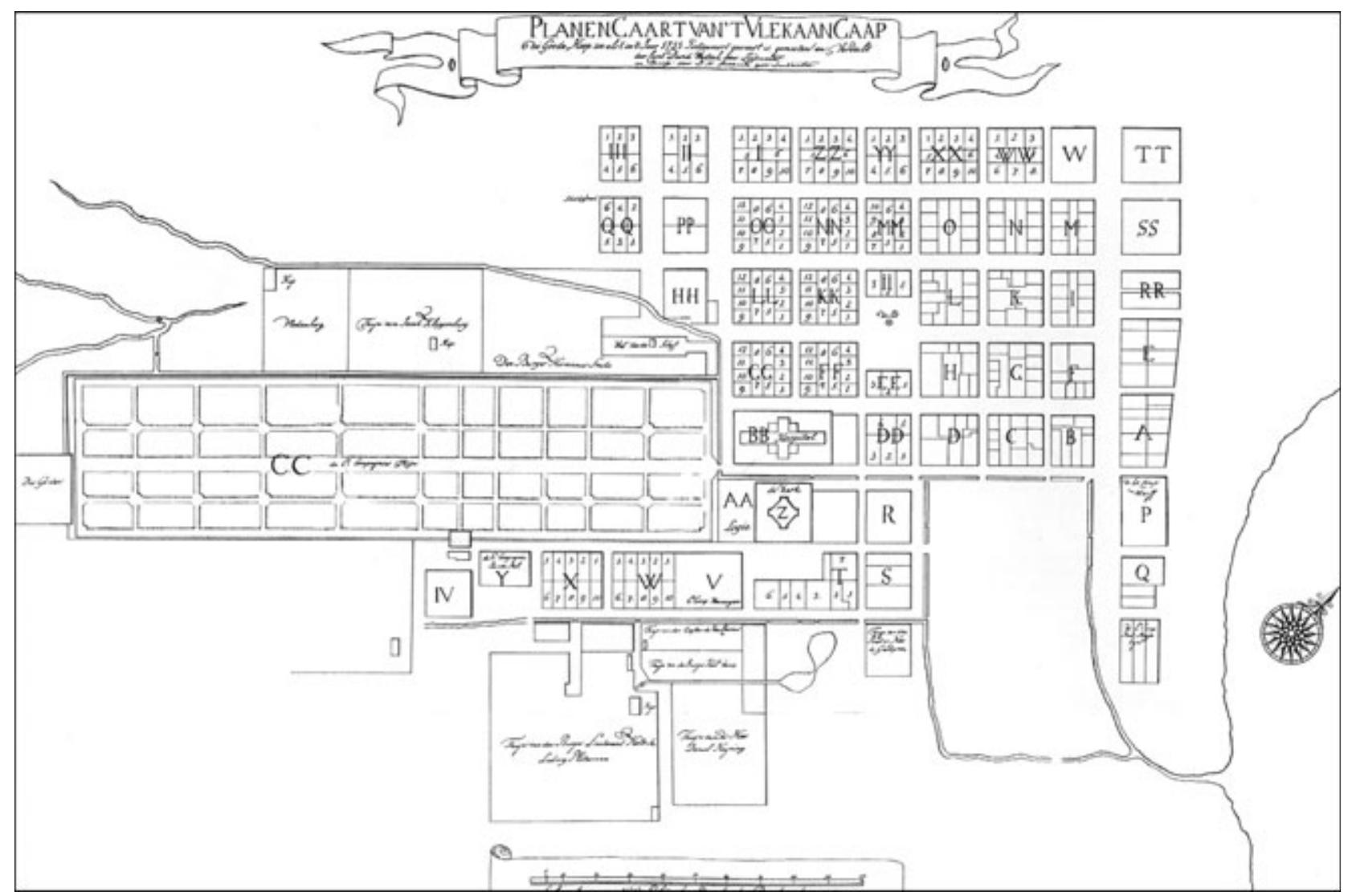 Map of cape town, 1755. the slave lodge is in the centre of