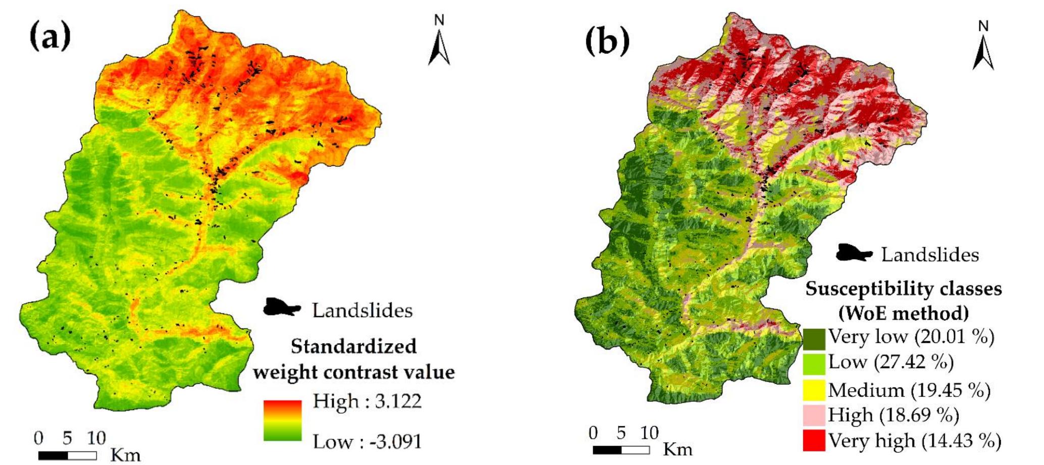 (a) landslide susceptibility map showing the range of all