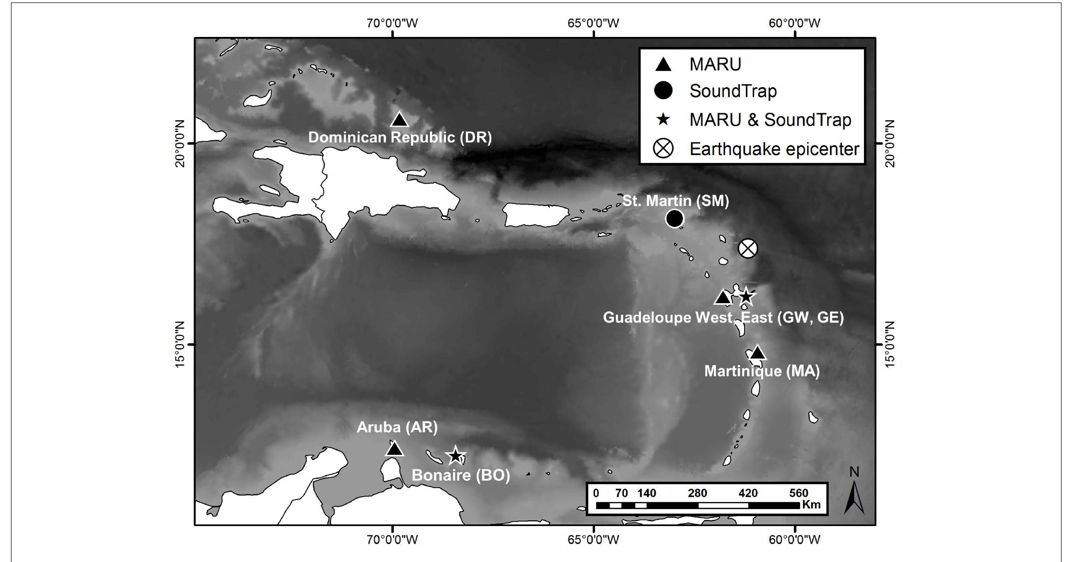 | a map of the seven passive acoustic recording sites and