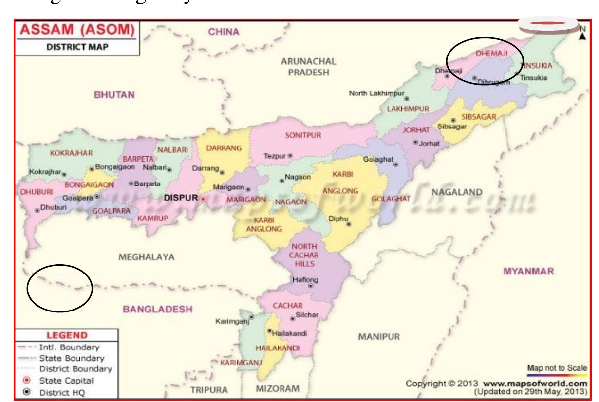 Map! map of assam showing the areas for this study