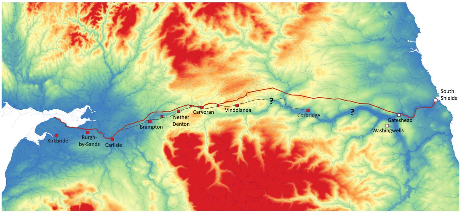 The proposed original line for hadrian’s wall with the known