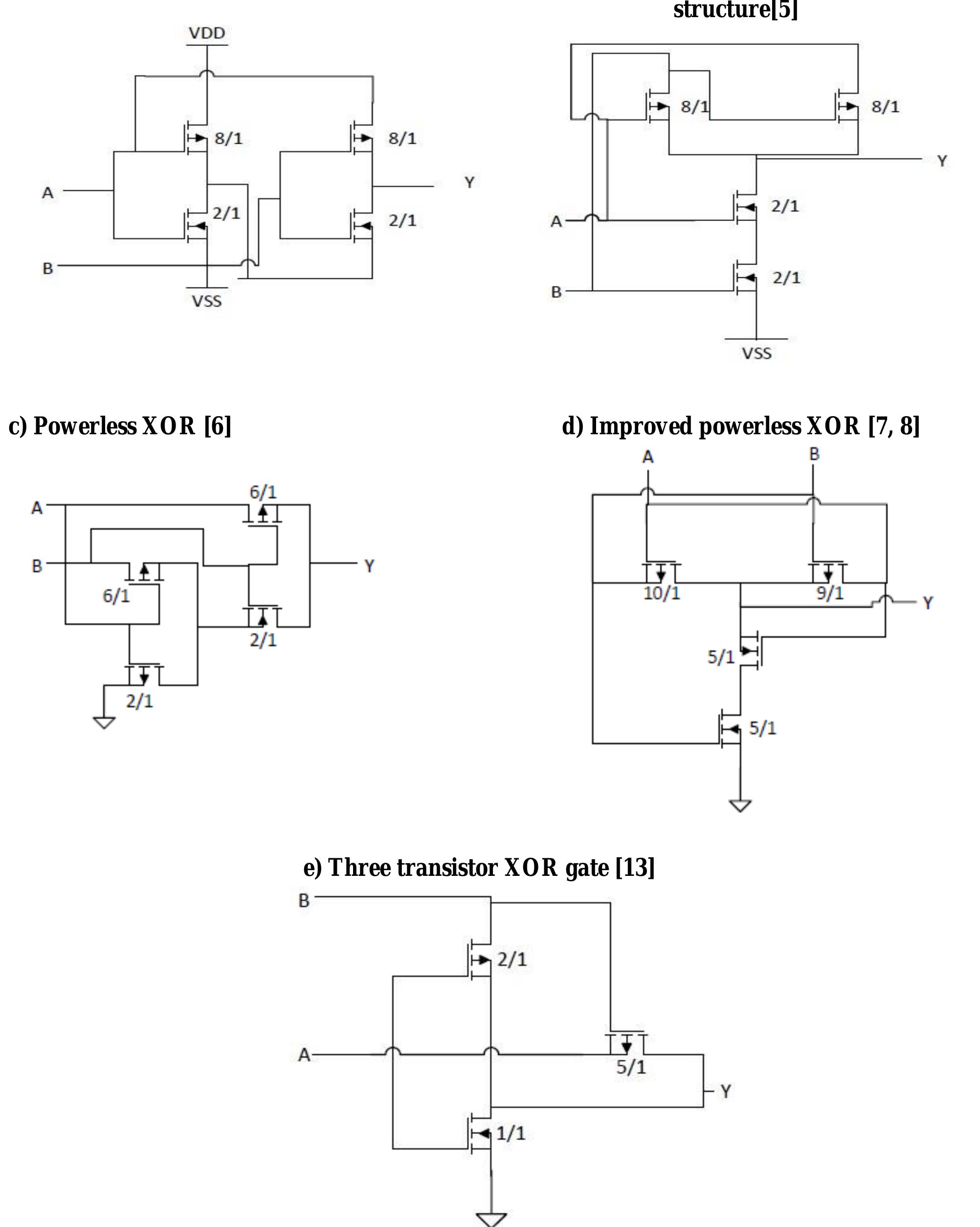 Prior designs of xor gates: a) inverter-based 4t xor gate.