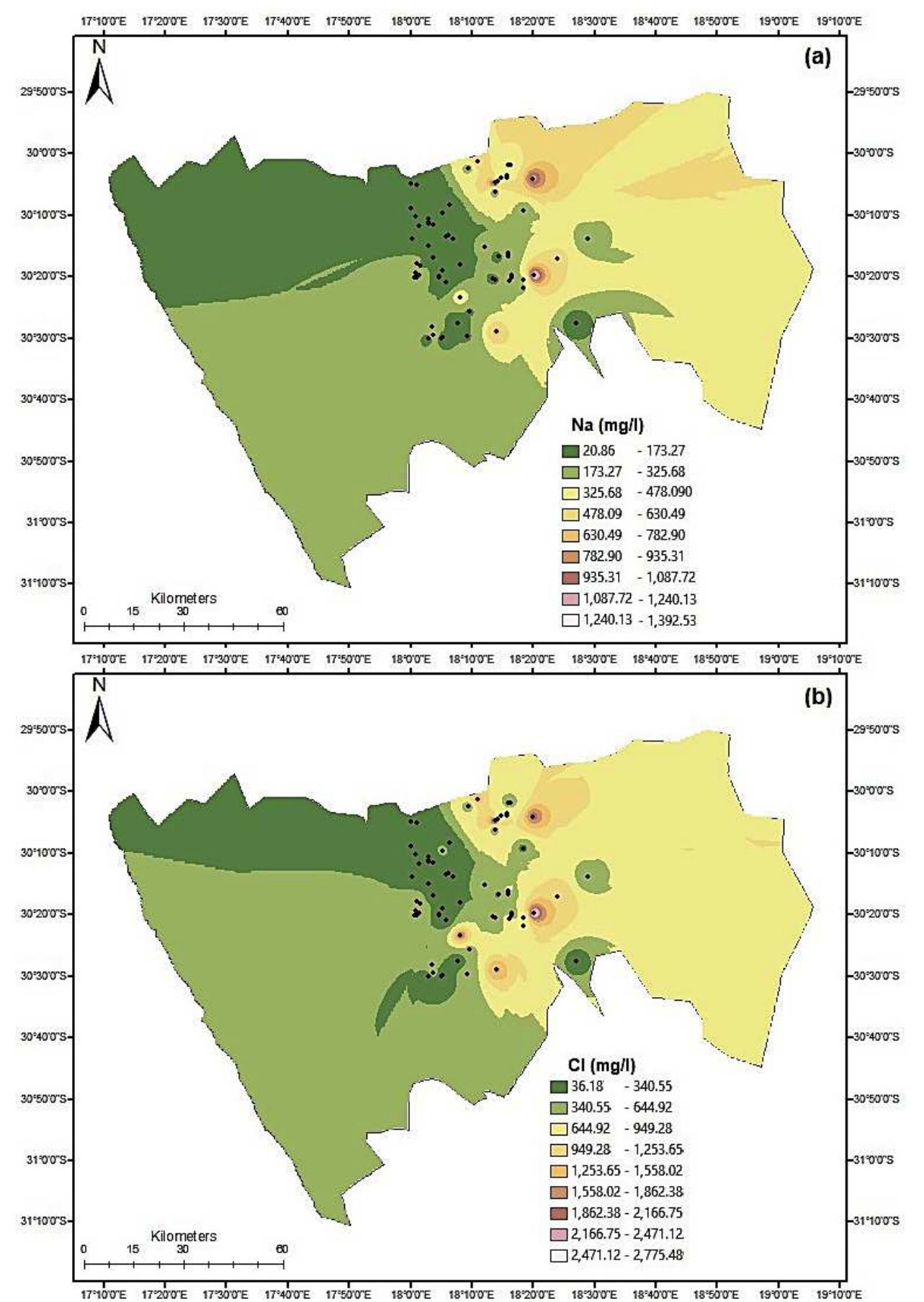 Spatial distribution map of groundwater for (a) na and (b)