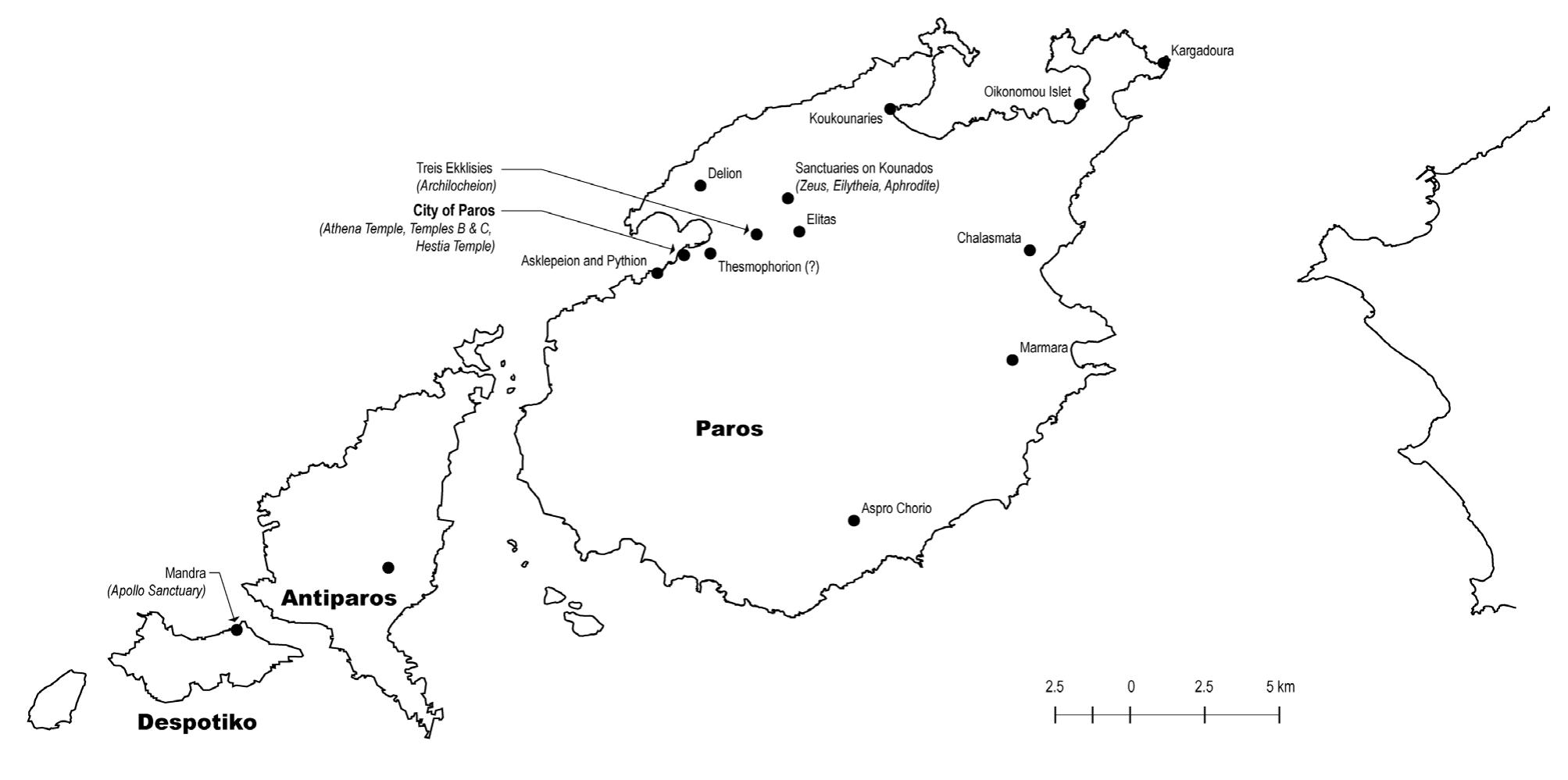 Map of paros, antiparos and despotiko, with sanctuaries.