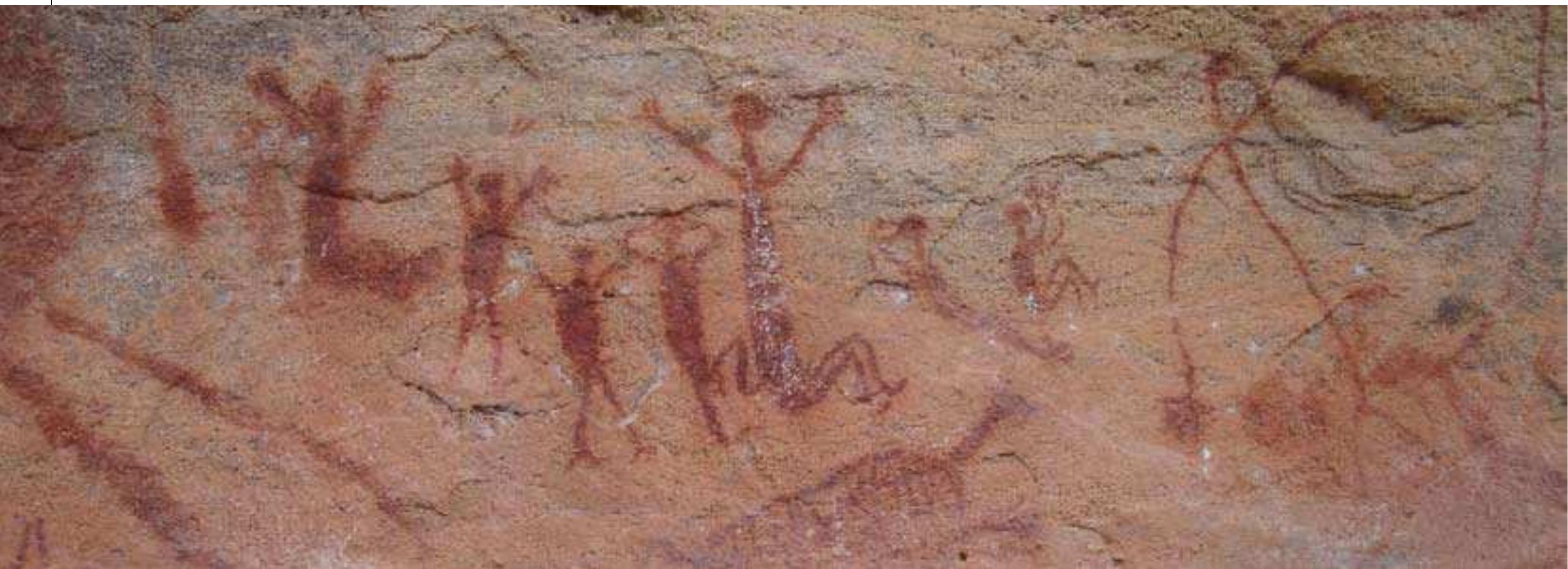 Below dancing male human figures over a faded red deer at