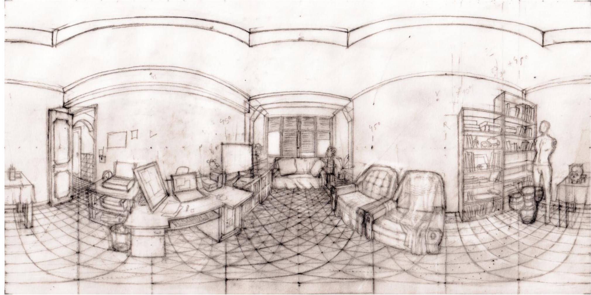 | sketch of a room from observation, using the tracing
