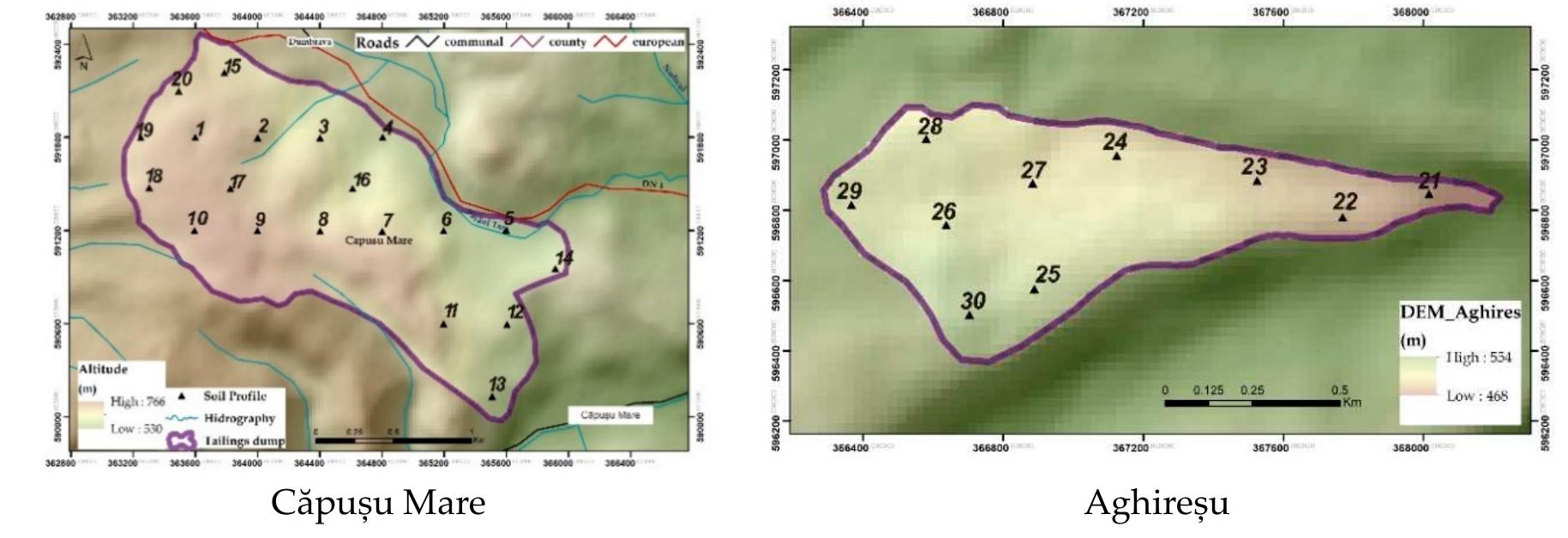 Altitude maps and soil sampling locations from the studied