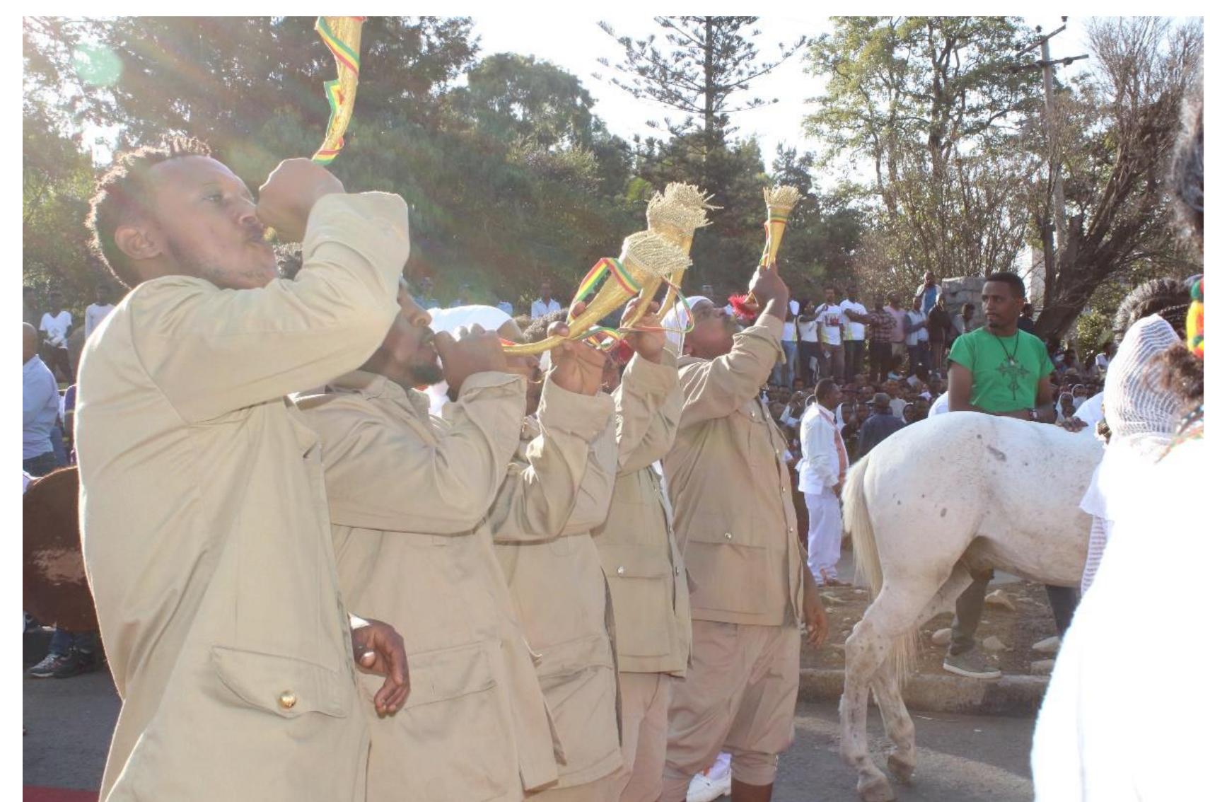 Group of turumba players uniformly dressed decorating the