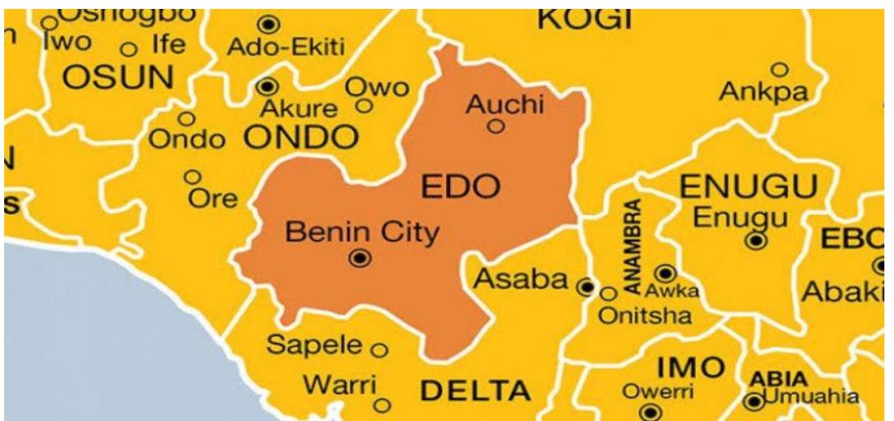 0: the map of edo state (highlighted) showing the location