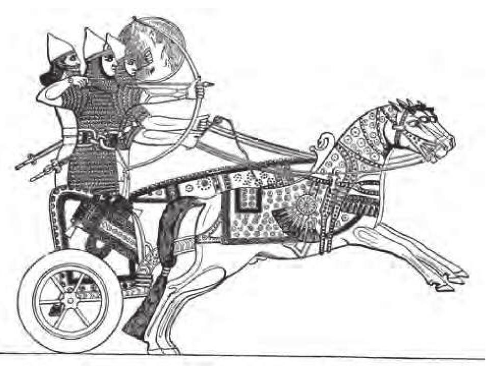 Yoke of an assyrian chariot being transported on a boat.