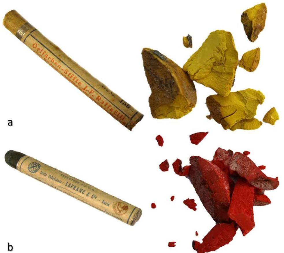 Two examples of pastels crayons and the micro-fragments