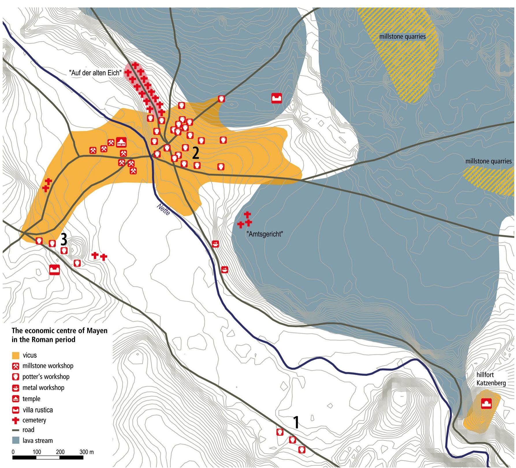 Map of the roman vicus of mayen. ceramic production areas: 1