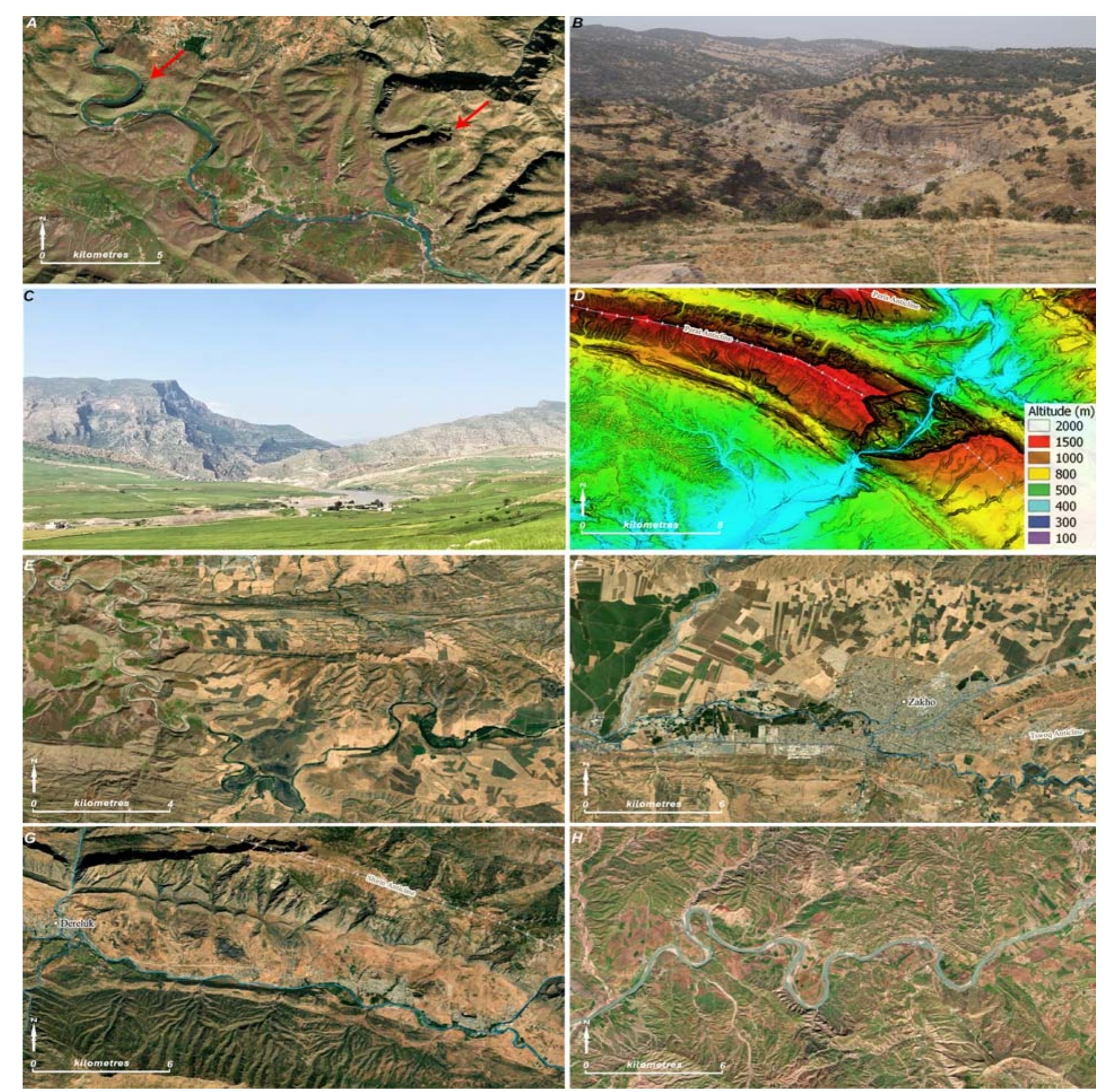 Examples of fluvial landforms. (a) esri world image of the